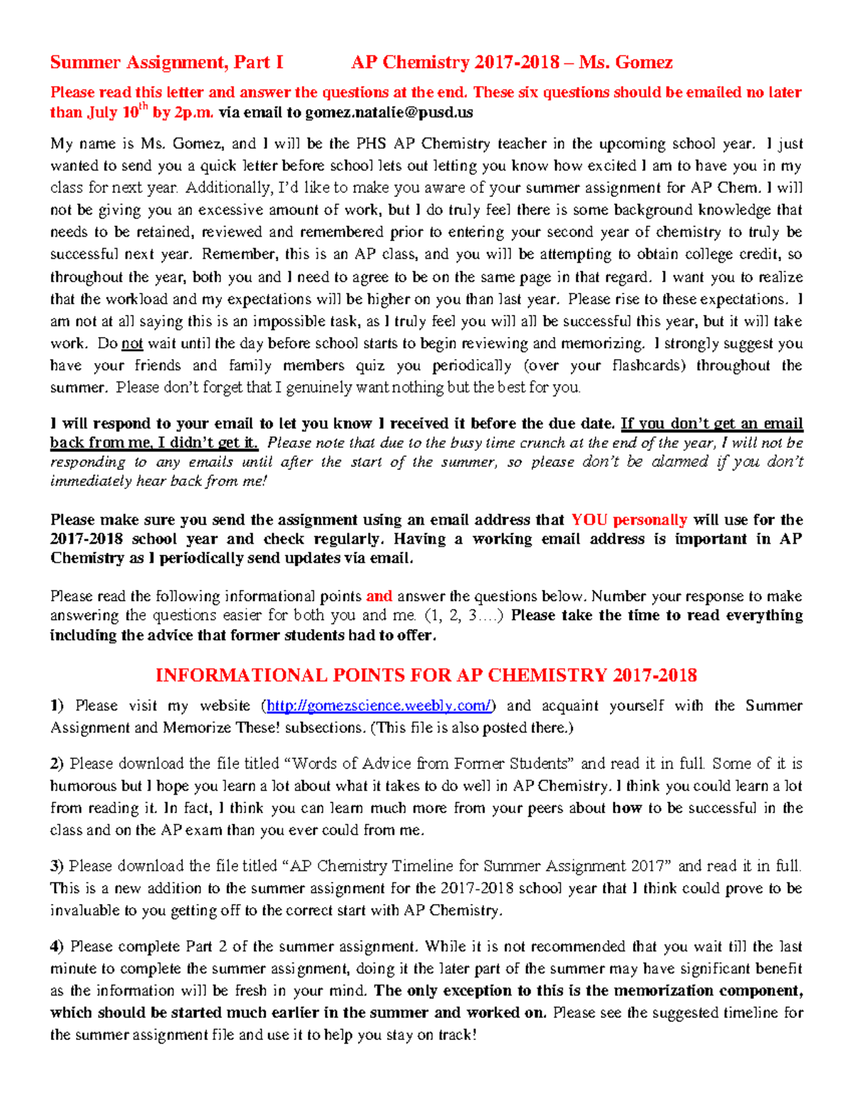 AP Chemistry - practice it - Summer Assignment, Part I AP Chemistry ...