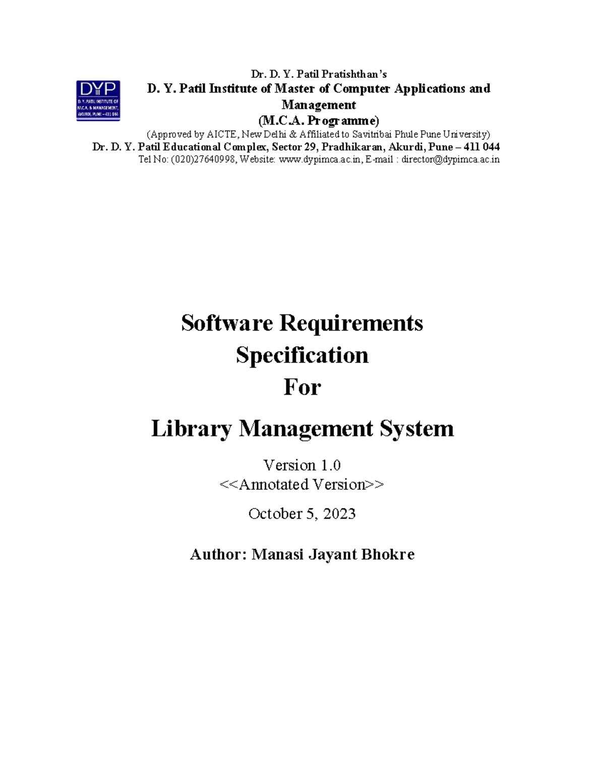 SRS - Dr. D. Y. Patil Pratishthan’s D. Y. Patil Institute of Master of ...