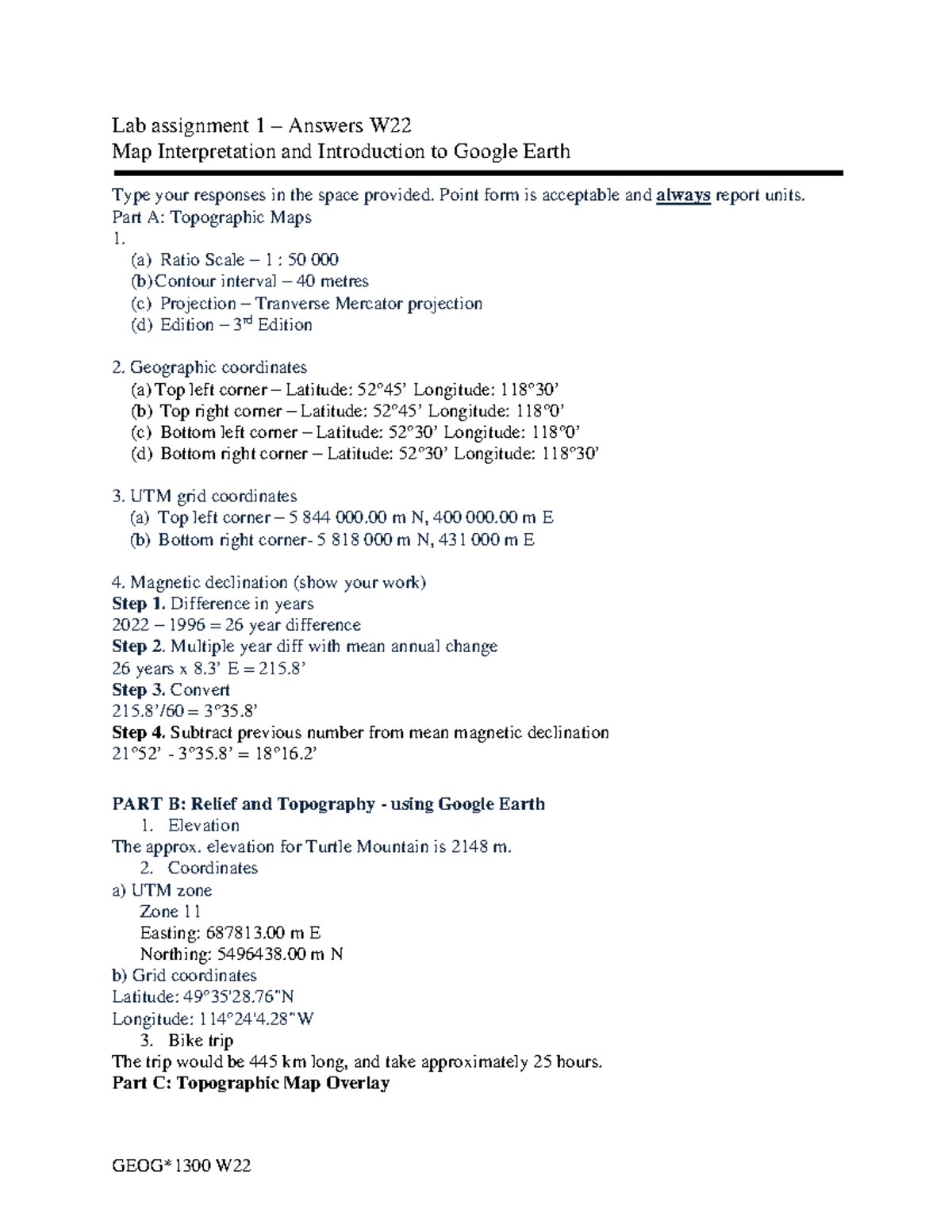 Lab 1 Geog 1300 - lab 1 - GEOG*1300 W Lab assignment 1 – Answers W Map ...
