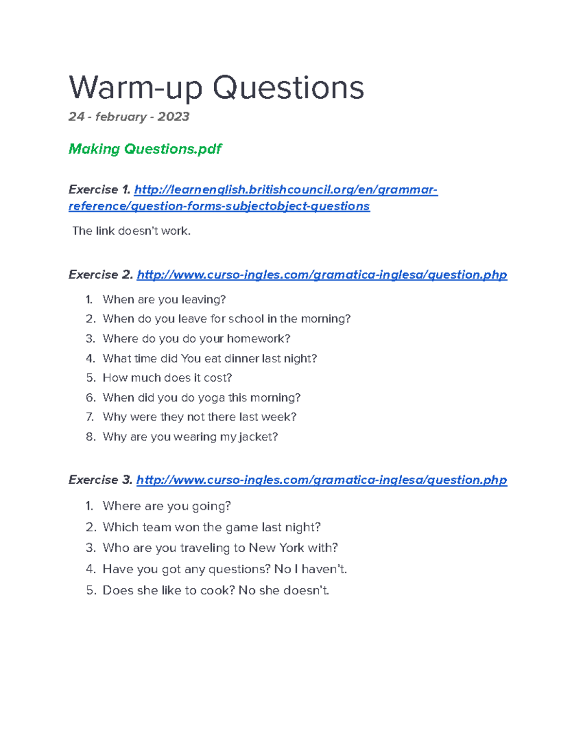Warm-up Questions - Actividades de cómo hacer preguntas. - Warm-up ...