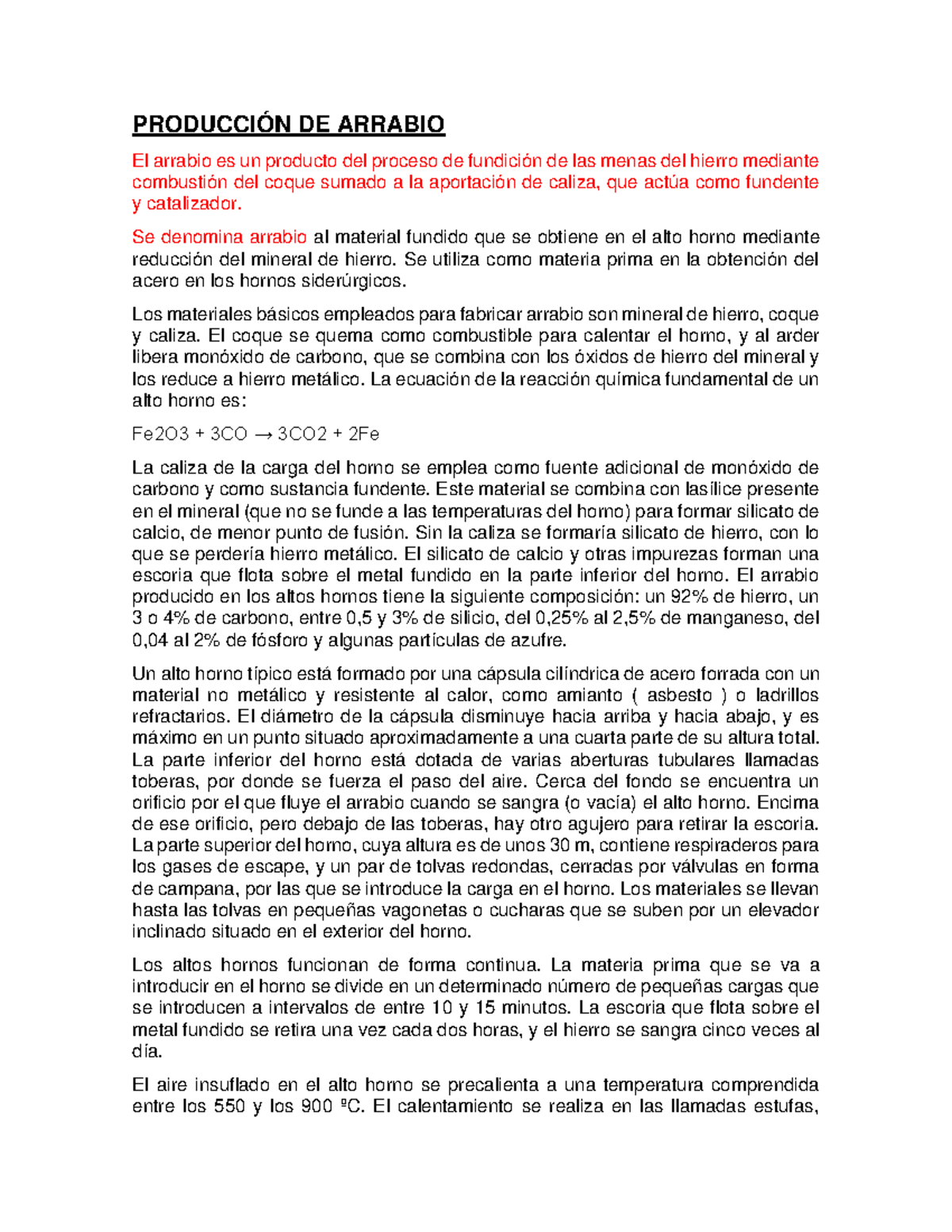 Producción DE Arrabio - PRODUCCIÓN DE ARRABIO El arrabio es un producto ...