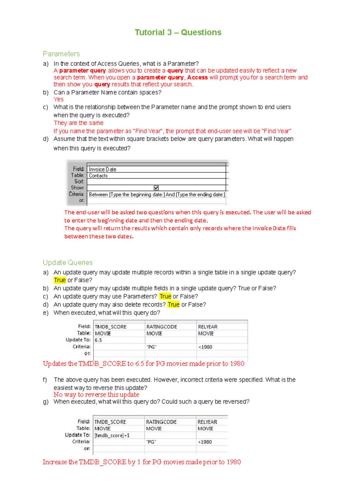 Week 3 Lecture Tutorial Discussion Questions Tutorial 3 Questions Parameters A In The