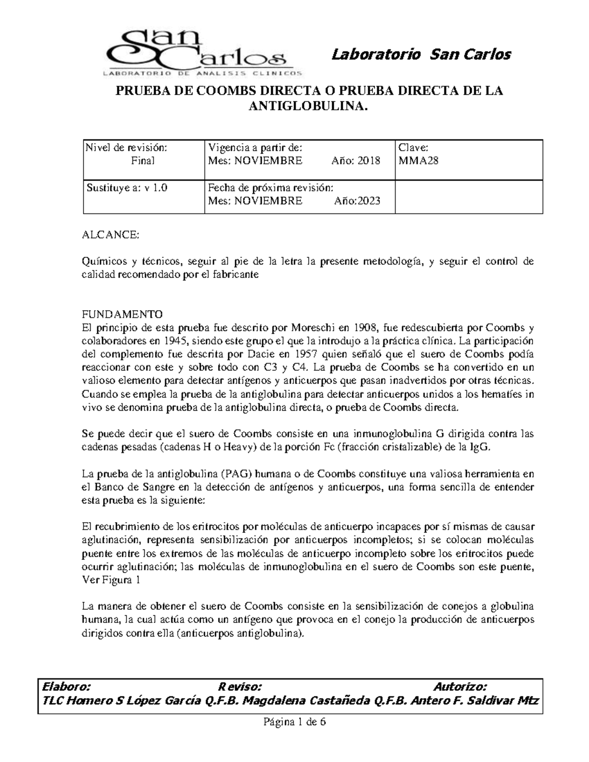 Laboratorio San Carlos Prueba DE Coombs - Elaboro: Reviso: Autorizo ...