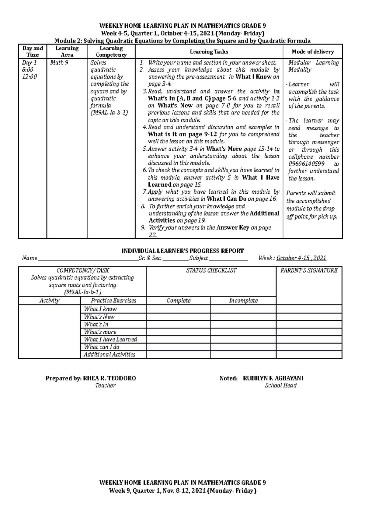 Weekly-HOME- Learning-PLAN-IN- Mathematics- Grade-9 - WEEKLY HOME ...