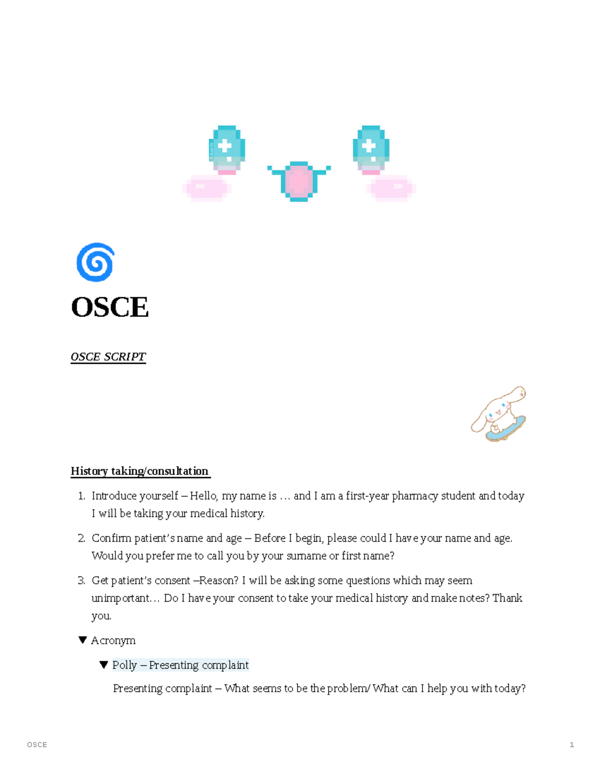 OSCE PHA113 notes - 🌀 OSCE OSCE SCRIPT History taking/consultation ...