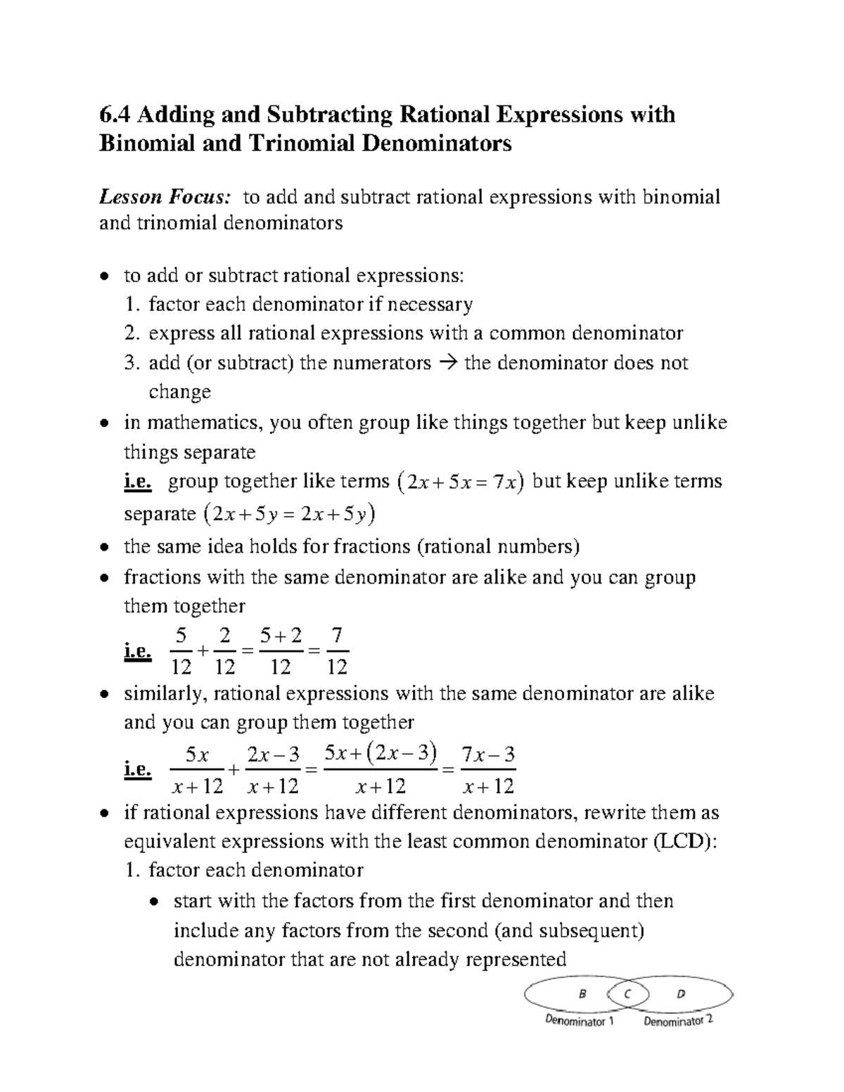 6.4 Adding and Subtracting Rational Expressions with Binomial and ...