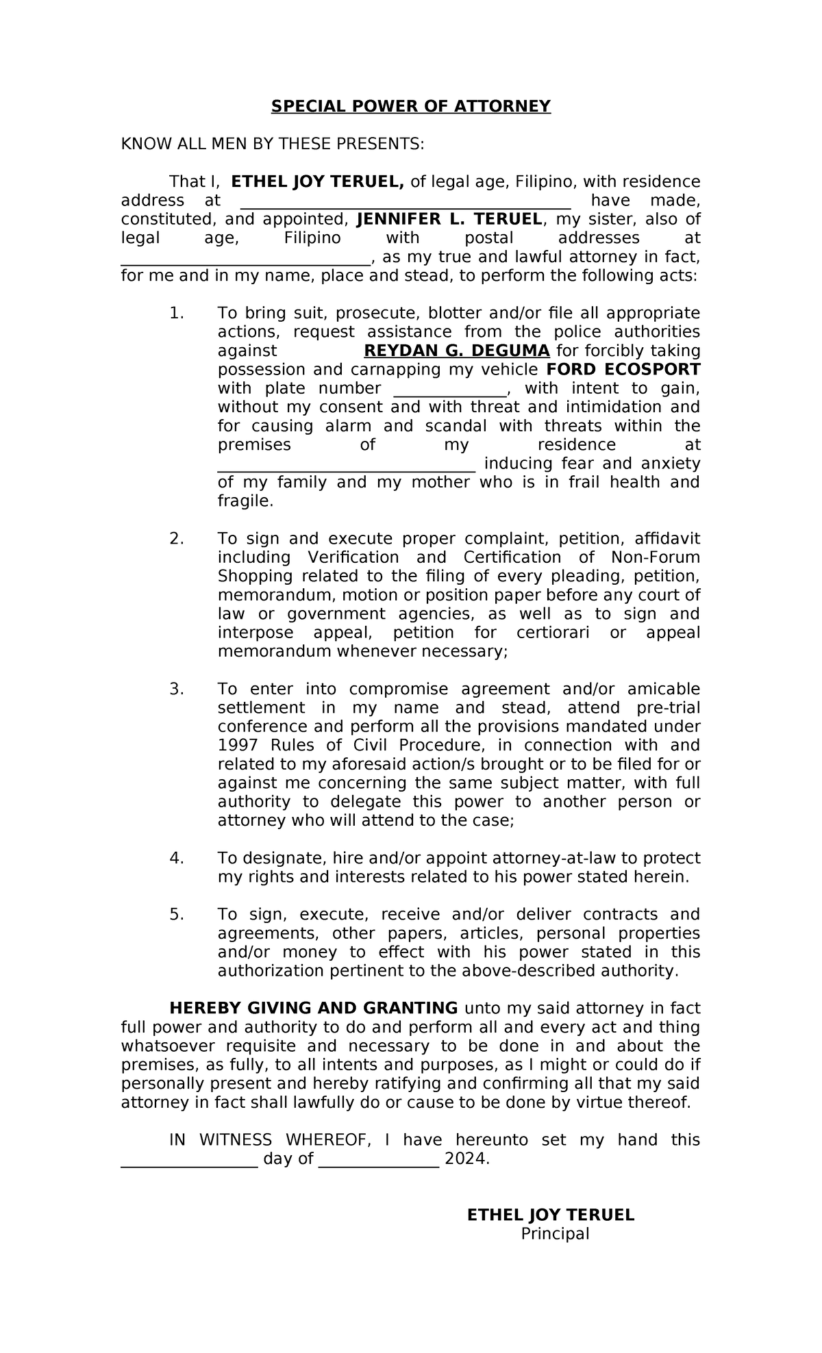 SPA to file suit - Special power to file suit in court - SPECIAL POWER ...