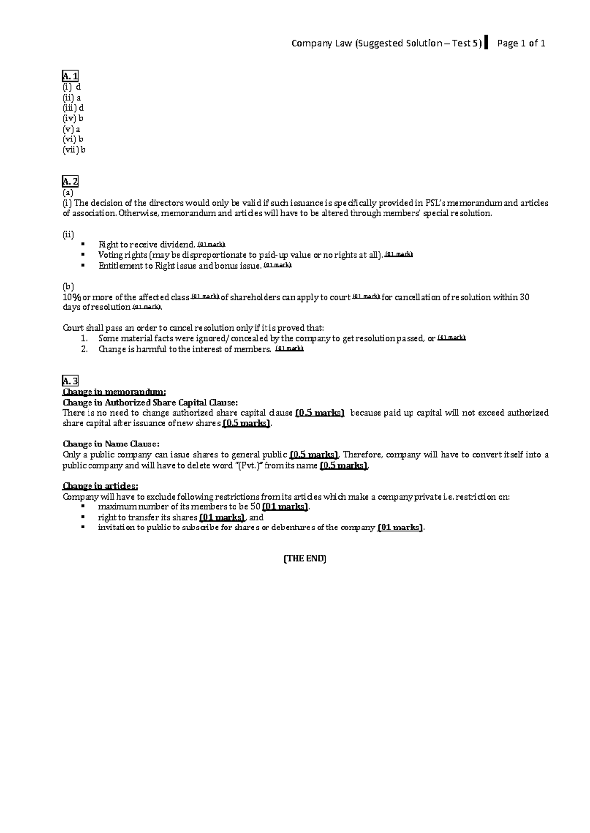 Test 5 - Suggested Solution-2 - Company Law (Suggested Solution – Test ...