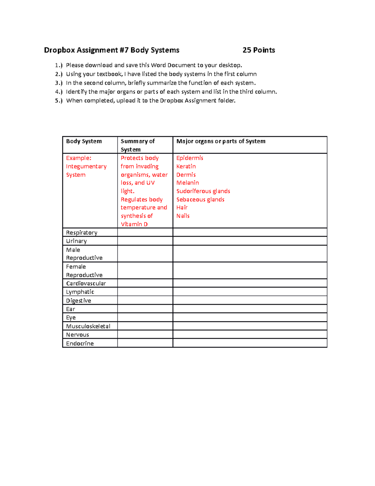 Dropbox Assignment #7 - notes - Dropbox Assignment #7 Body Systems 25 ...