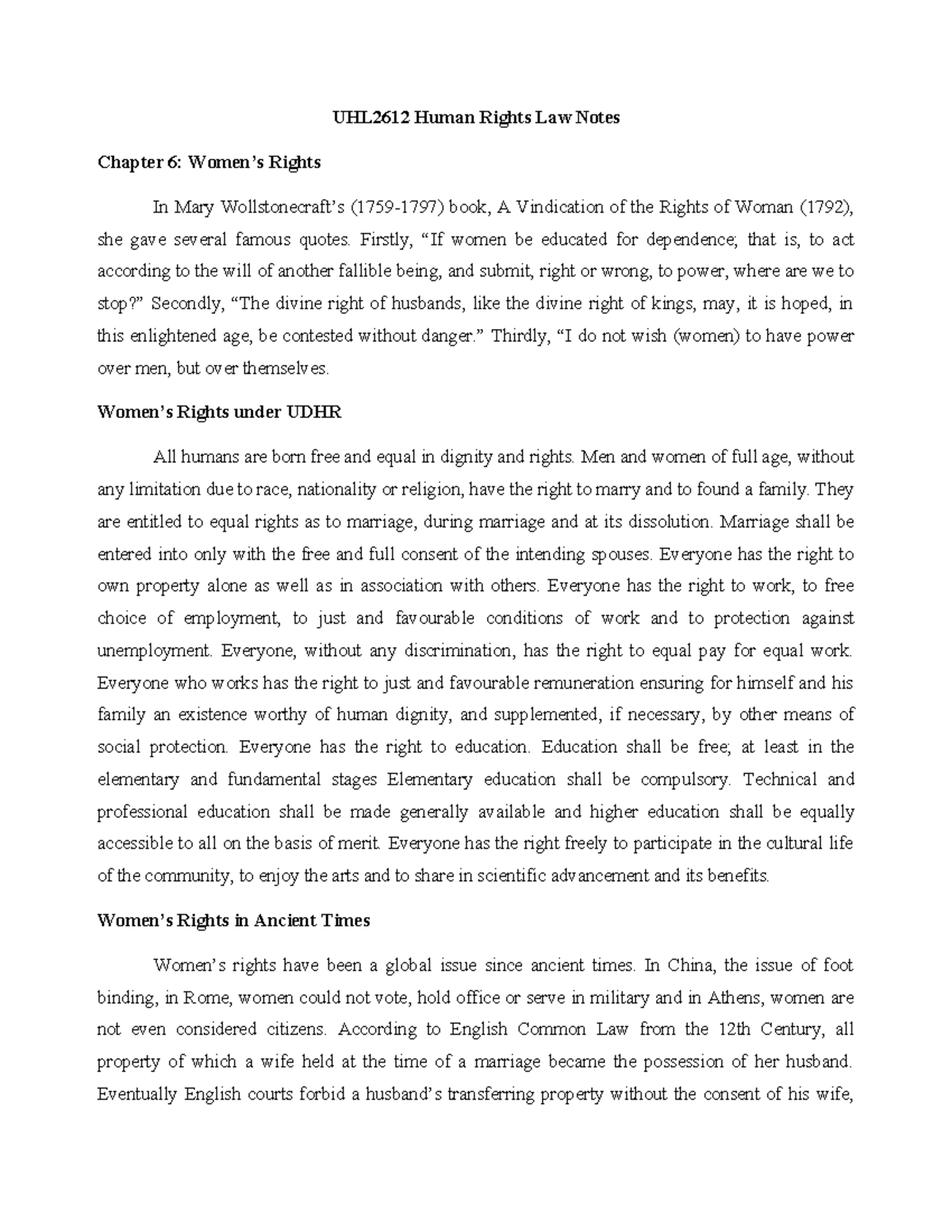 UHL2612 Human Rights Law Notes Chapter 6 - Firstly, “If women be ...
