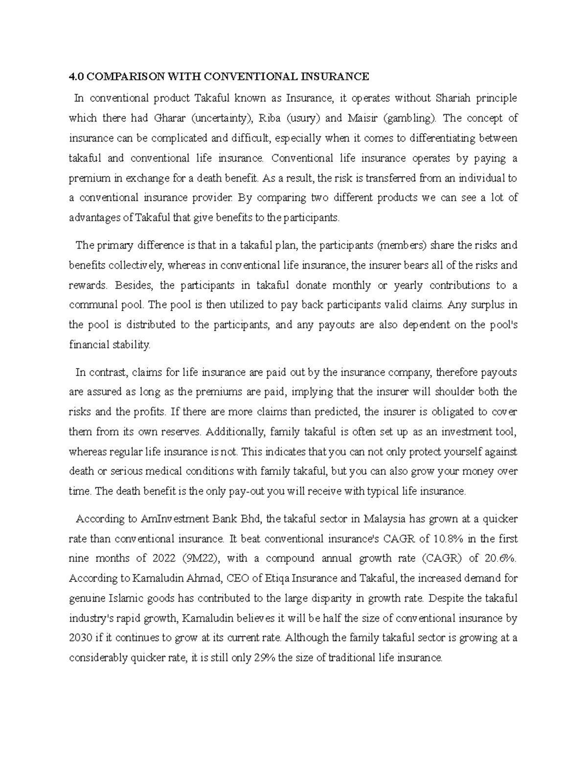 Comparison WITH Conventional Insurance - 4 COMPARISON WITH CONVENTIONAL ...