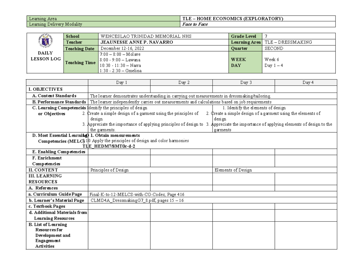 Week 6 - Day 1-4 - Plan for Week 6 - Learning Area TLE – HOME ECONOMICS ...