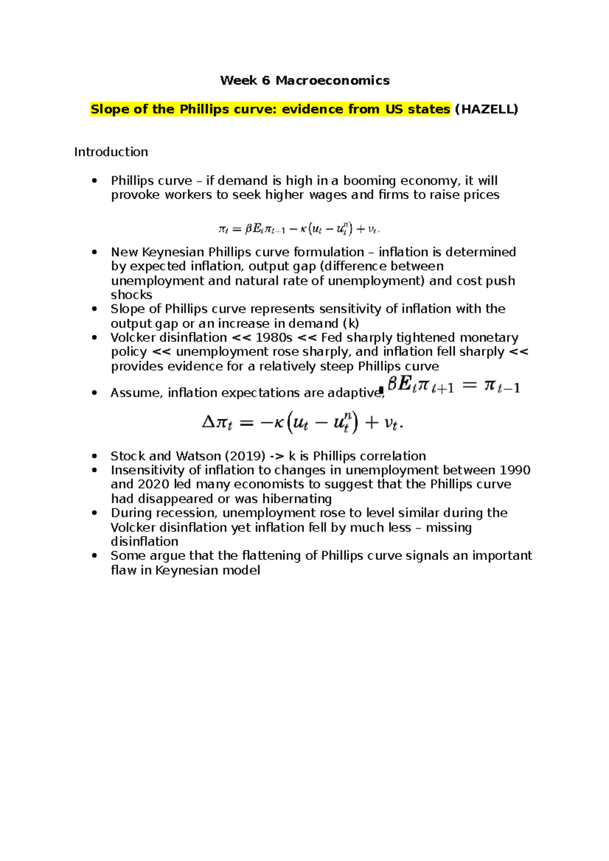 W6 Notes - Week 6 Macroeconomics Slope of the Phillips curve: evidence ...