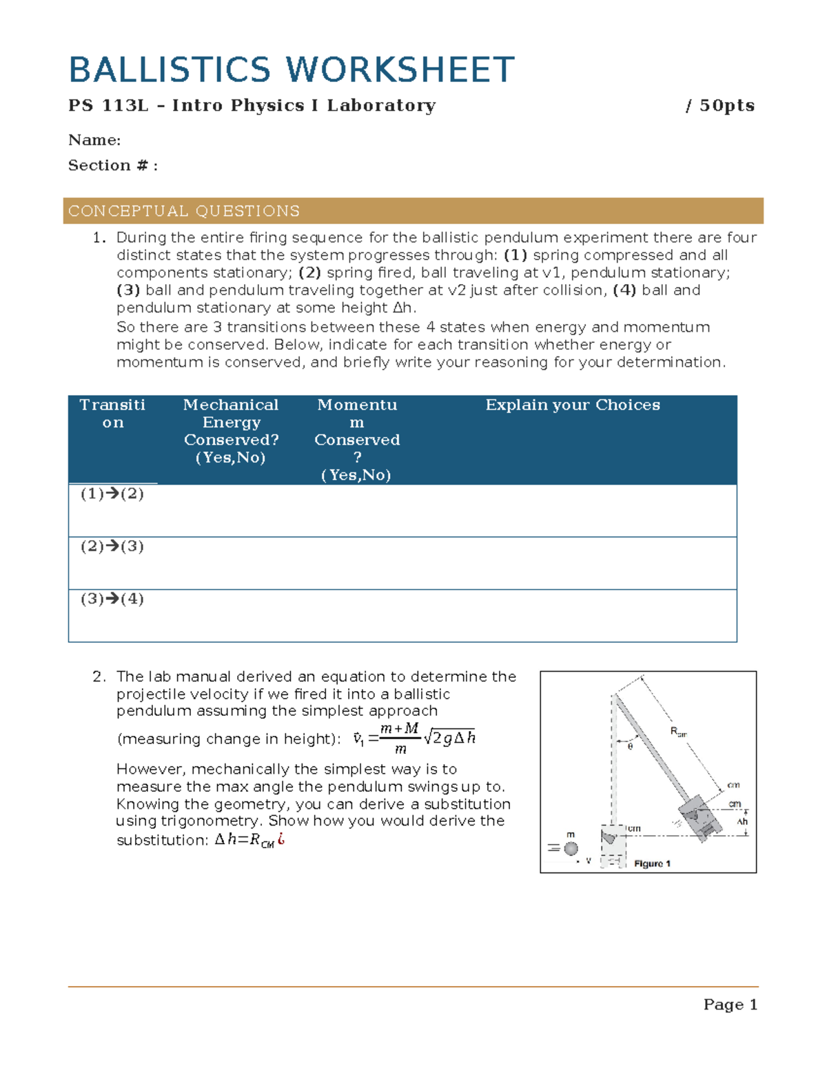Ballistics worksheet - physics practice - BALLISTICS WORKSHEET PS 113L ...