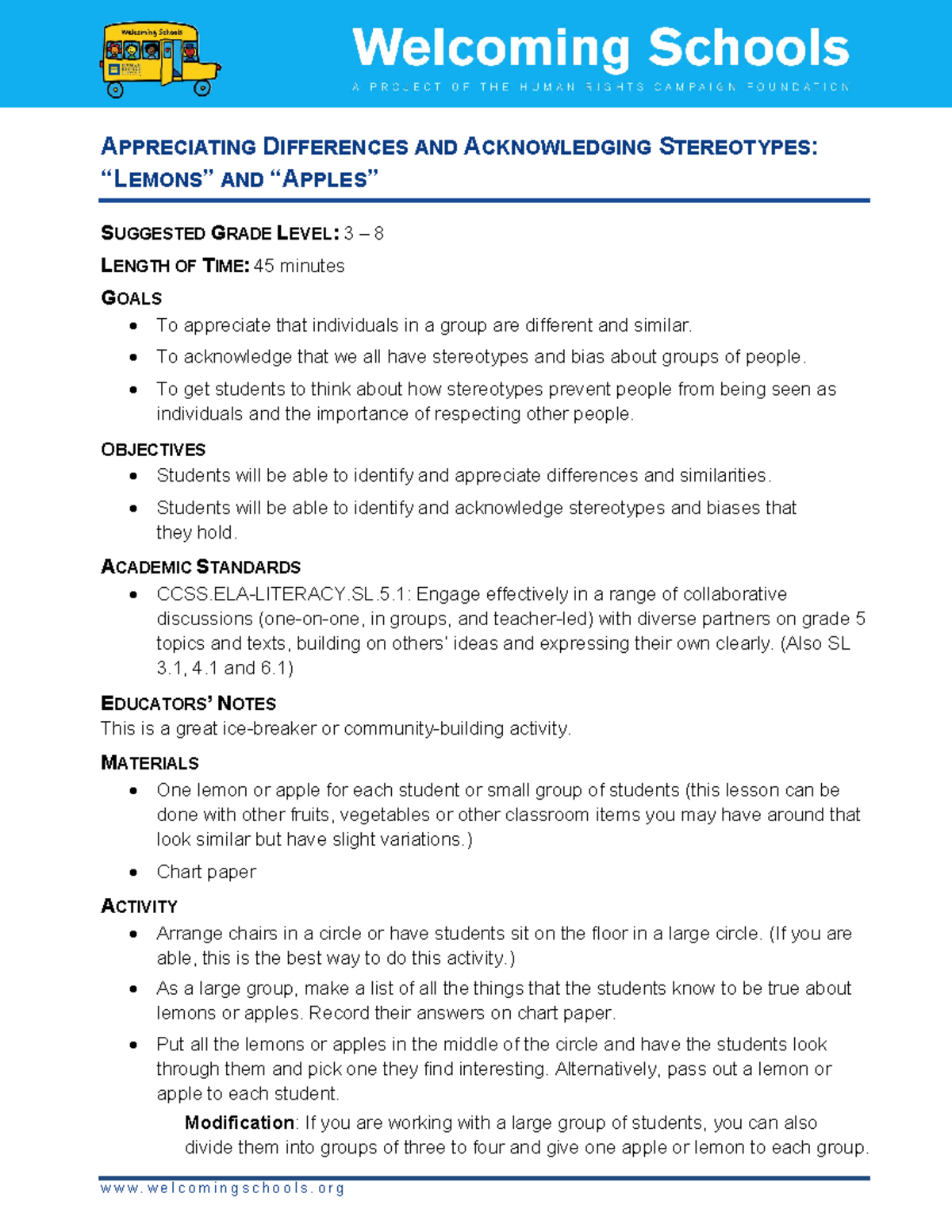 WS Lesson Appreciating Differences - welcomingschools APPRECIATING ...