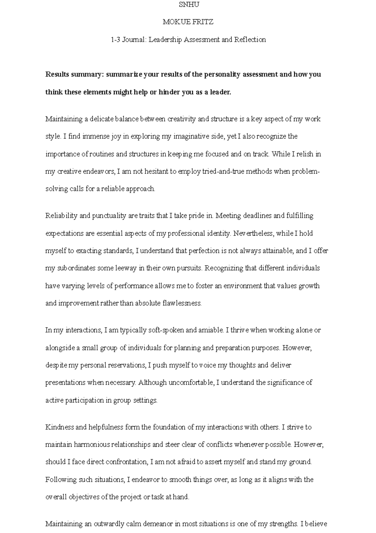 1-3 Journal Leadership Assessment and Reflection - SNHU MOKUE FRITZ 1-3 ...