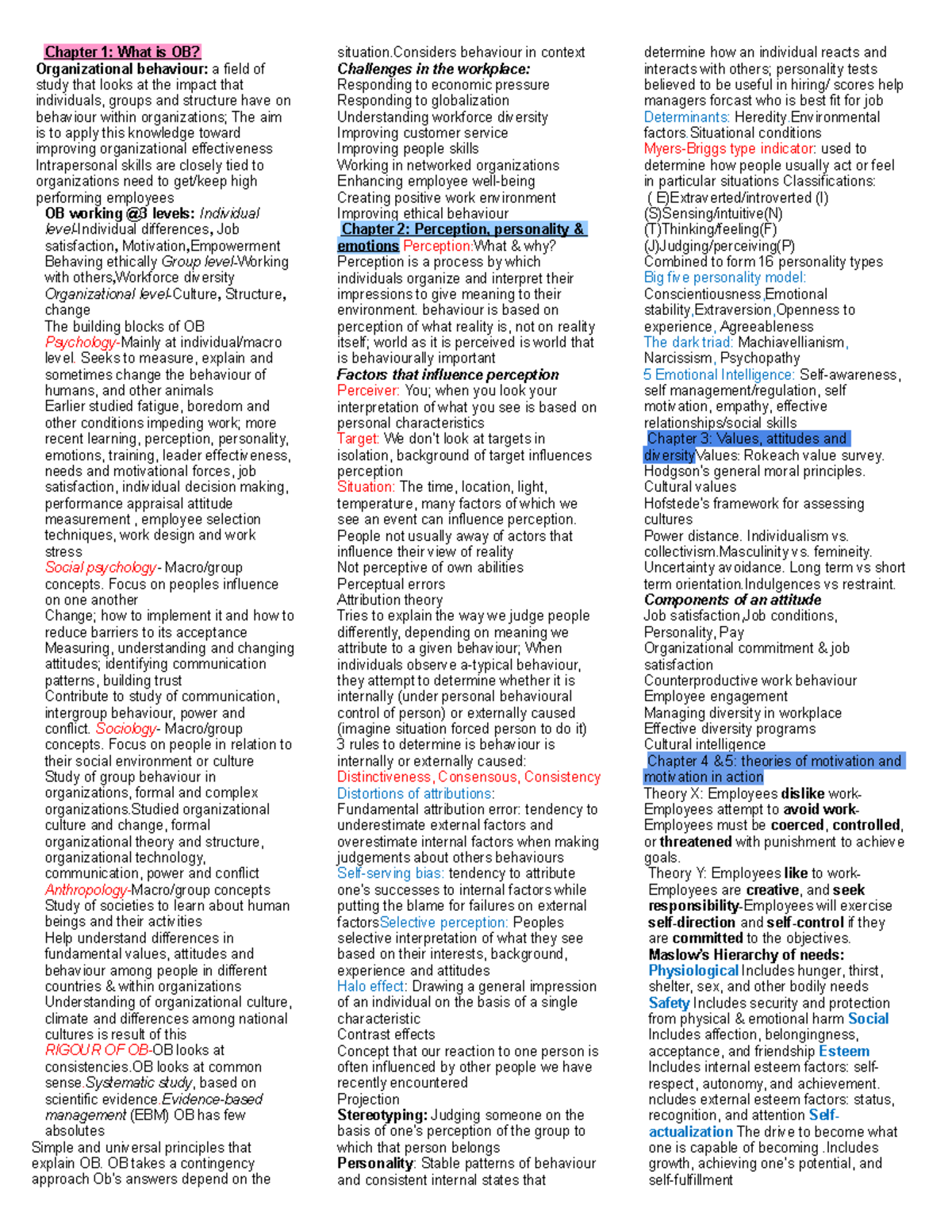 OB cheat sheet - mn mbvh - Chapter 1: What is OB? Organizational ...