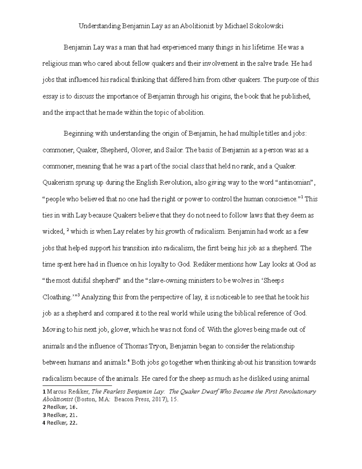 Benjamin Lay Paper - Essay focuses on the first abolitionist ...