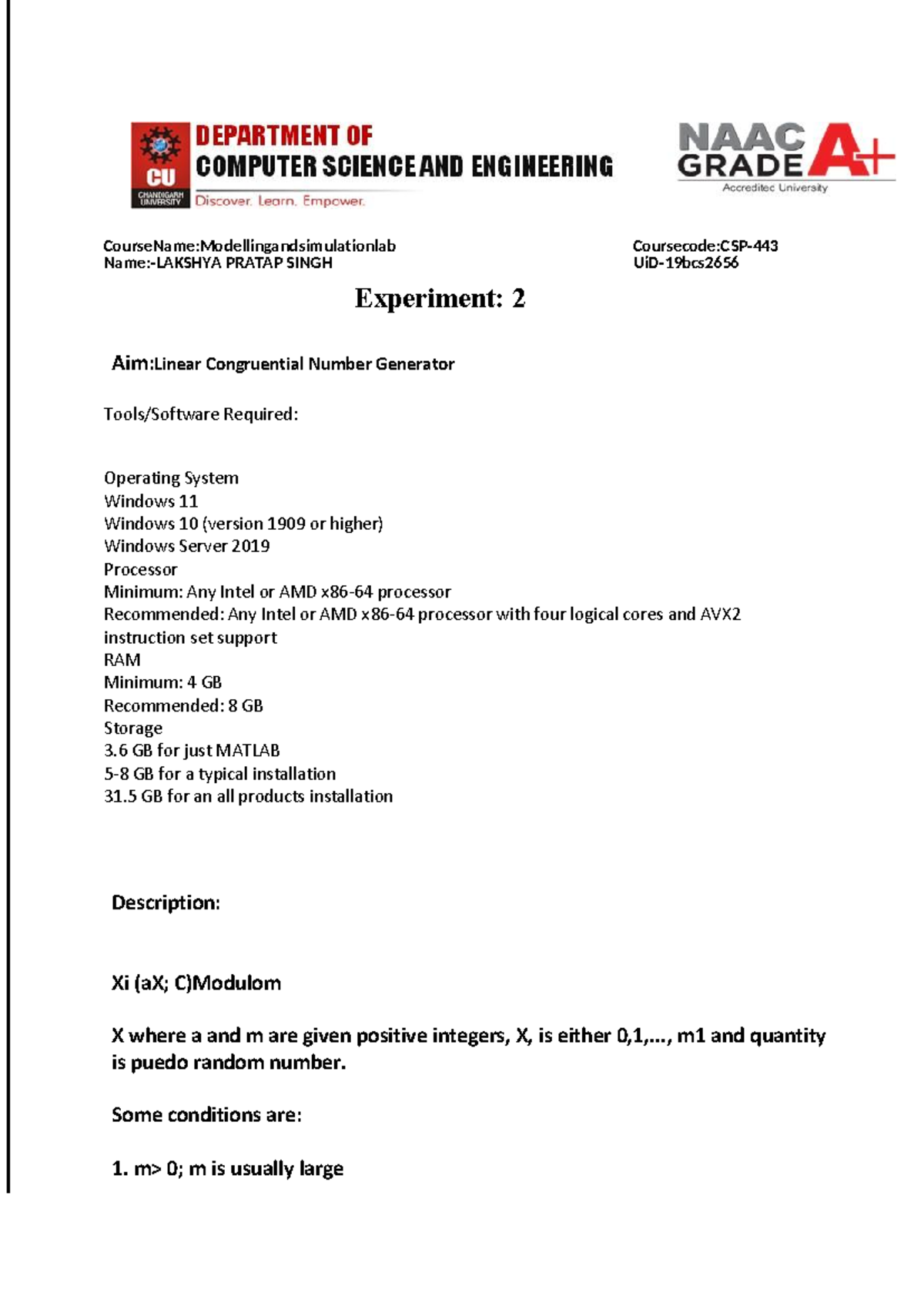 New mas 2 lakshya - mnbo;uhfvw - Experiment: 2 Aim:Linear Congruential ...