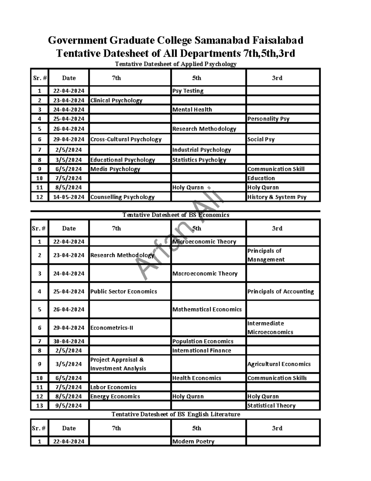 Tentative date sheet for final BS All department 3rd,5th,7th - Sr ...