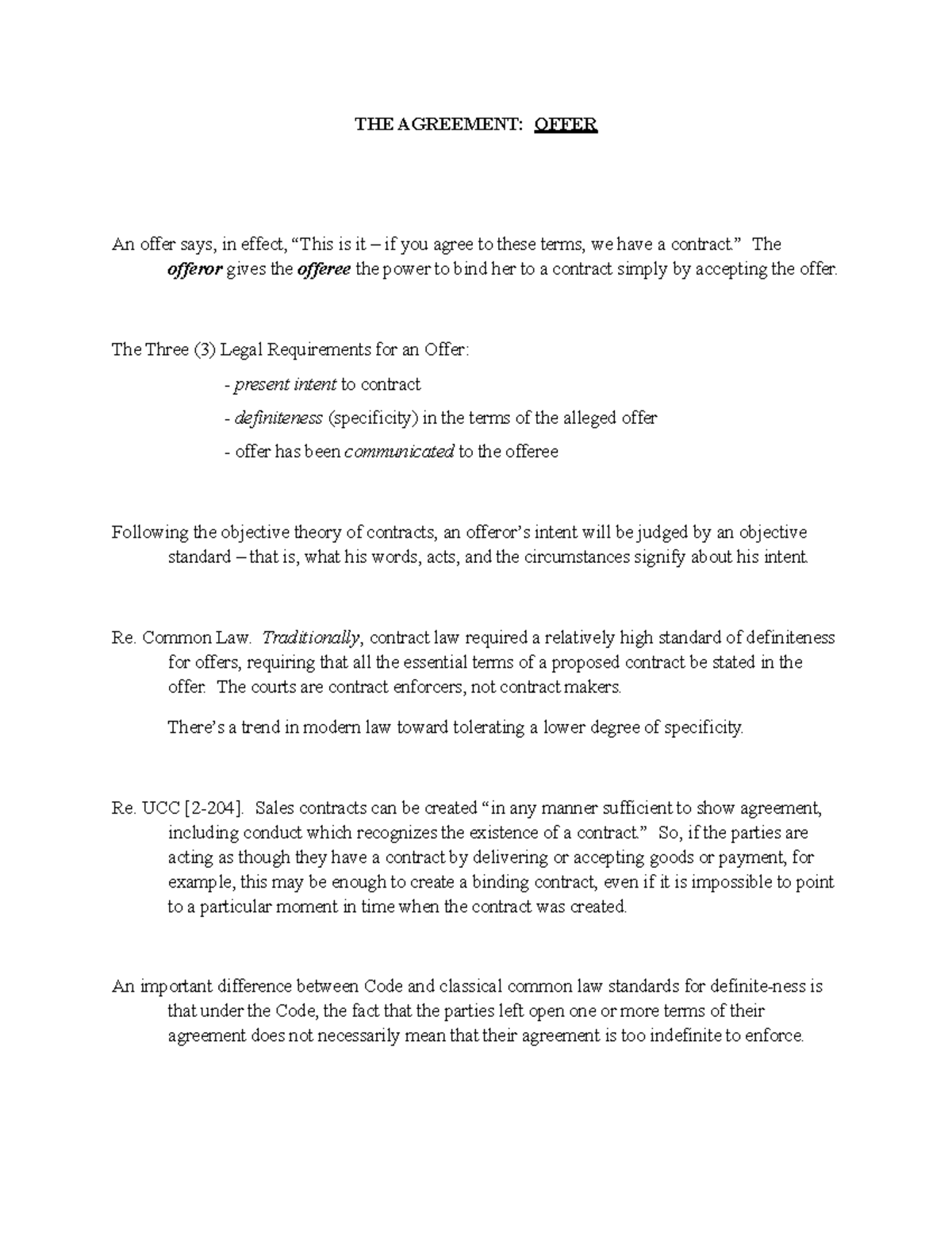 Offer Chapter Notes - THE AGREEMENT: OFFER An offer says, in effect ...