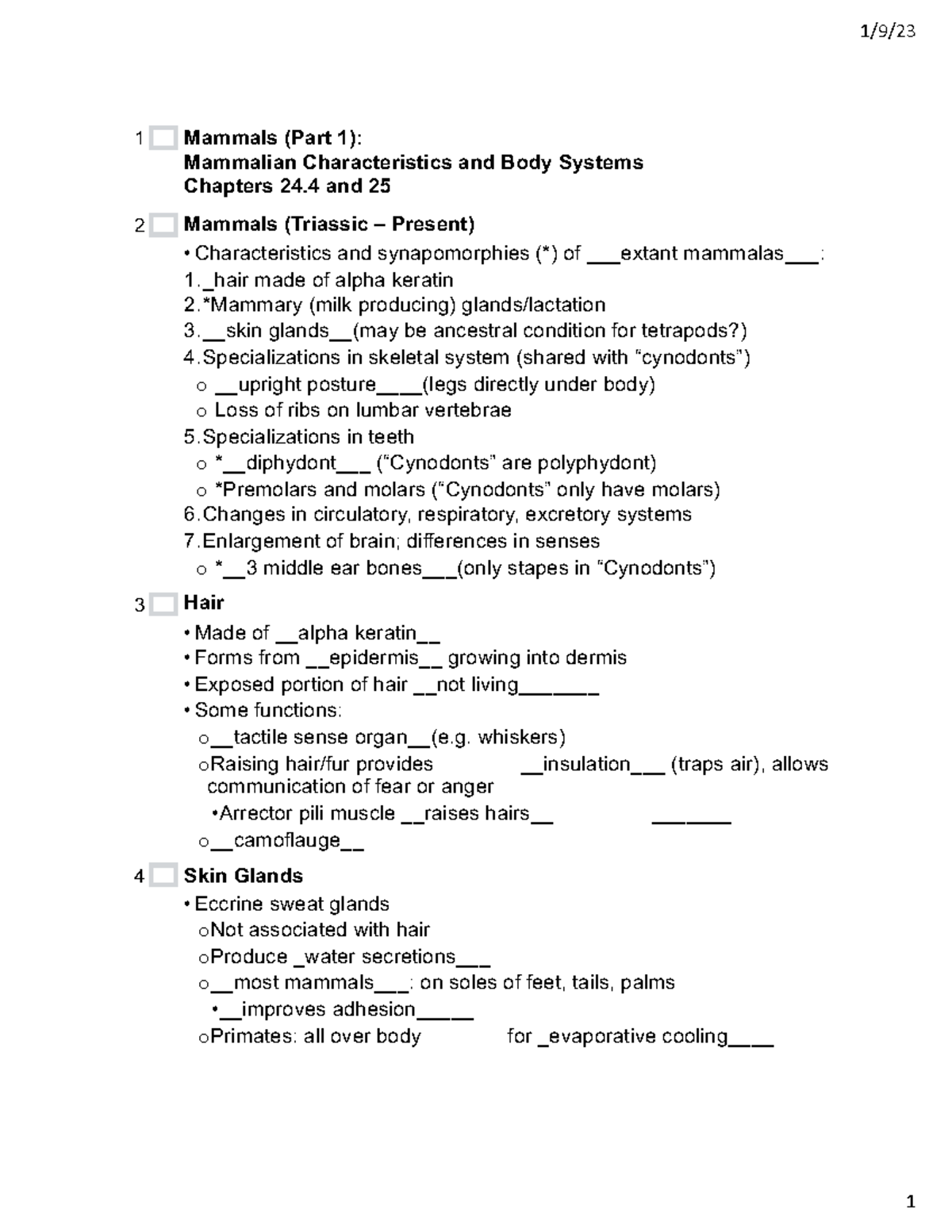 Ch 25 Mammals Part 1 Fall22 - 1/9/ 1 Mammals (Part 1): Mammalian ...