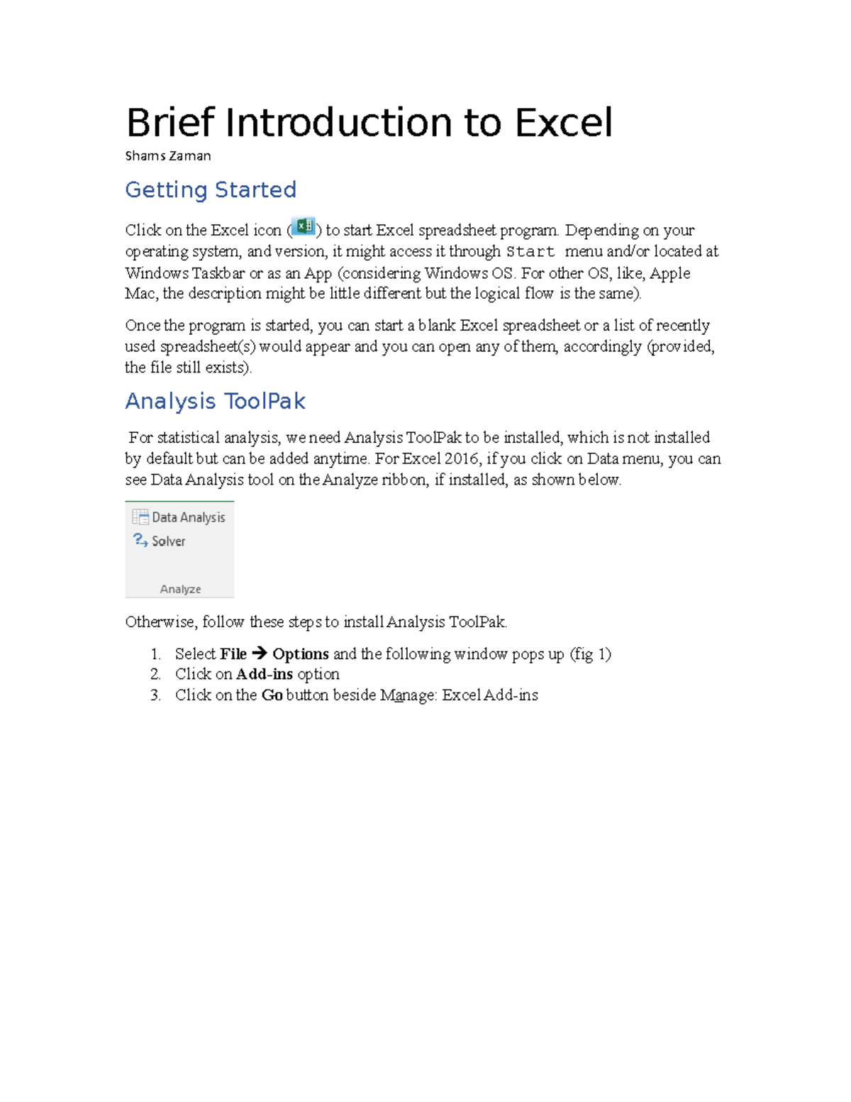Brief+Intro+to+Excel - Brief Introduction to Excel Shams Zaman Getting ...