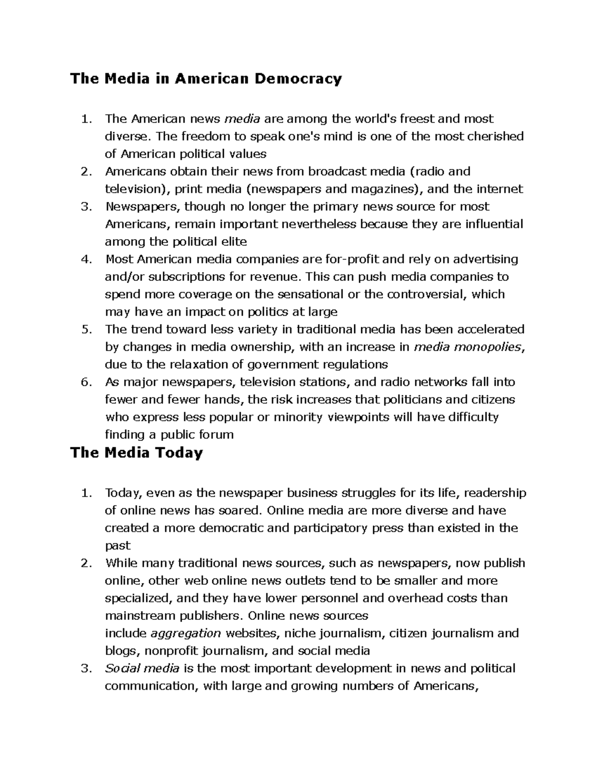 Ch 2 notes - Lecture outline - The Media in American Democracy The ...