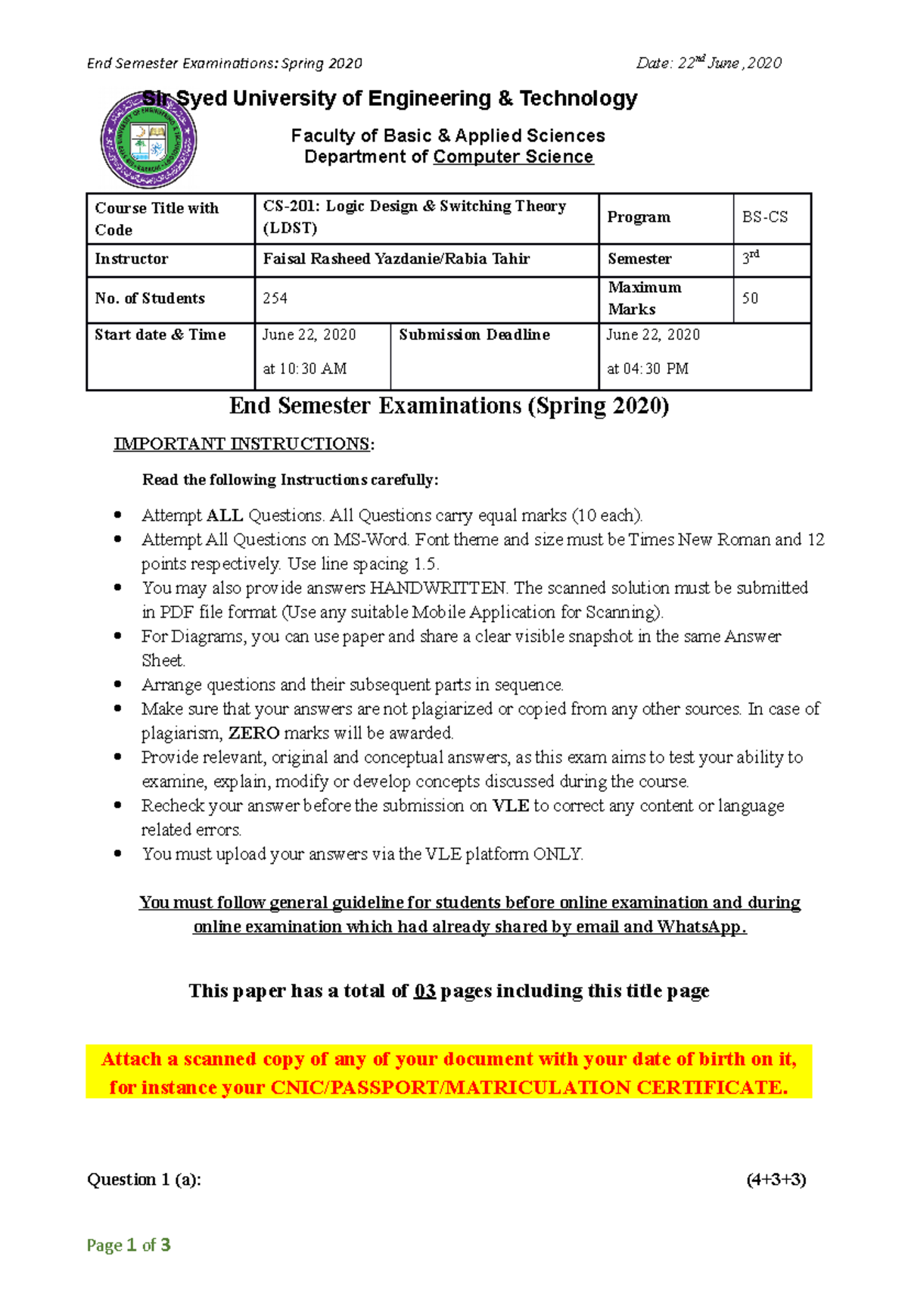 CS-201 Logic Design and Switching Theory Final Paper - End Semester ...