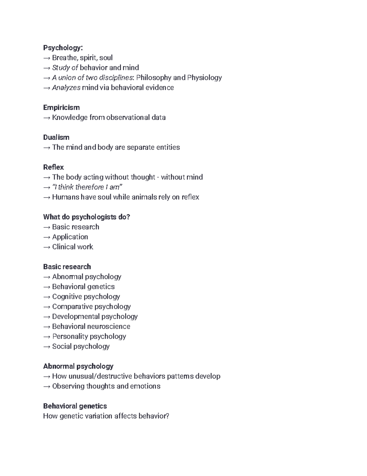 Psychology Module 1 Study Notes - Psychology: → Breathe, spirit, soul → ...