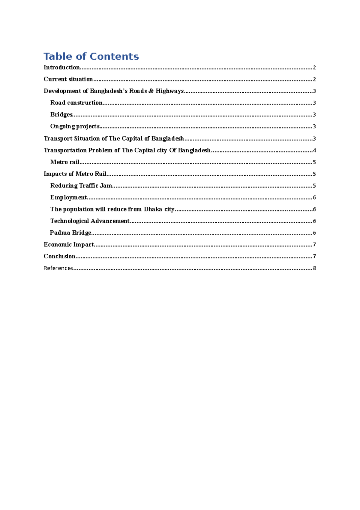 Transportation Developments in Bangladesh - Table of Contents - Studocu