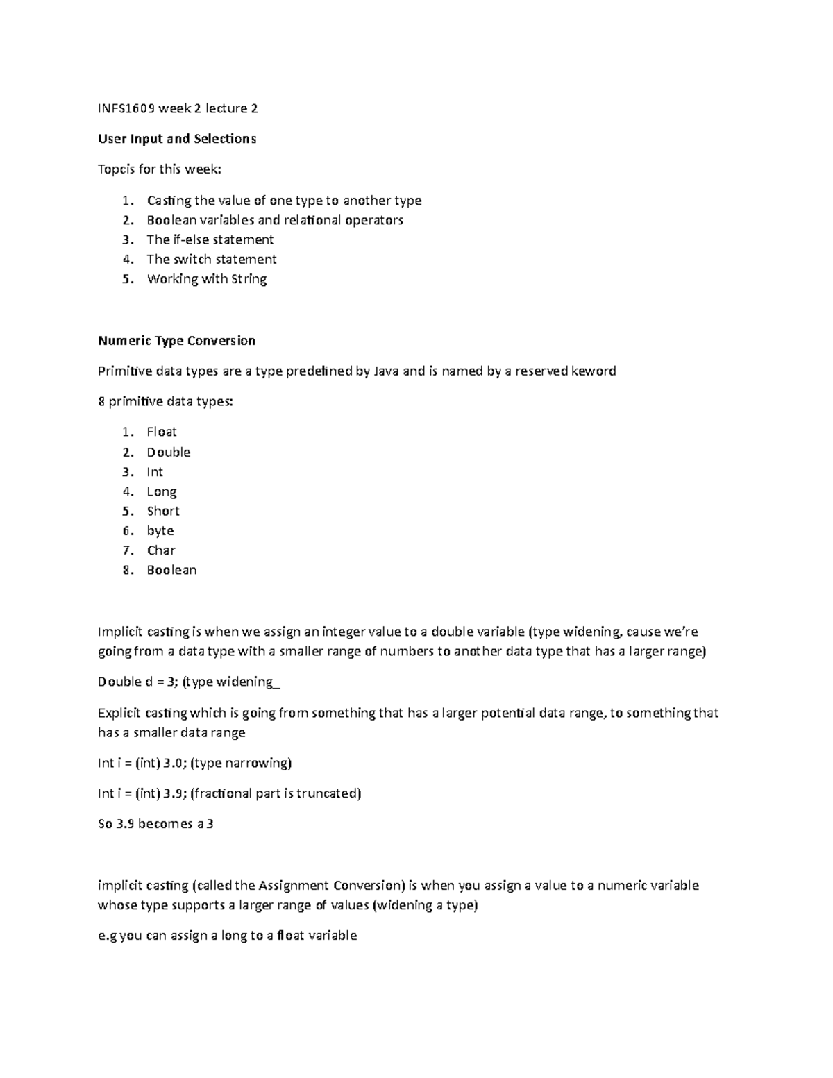 INFS1609 Week 2 Lecture - INFS1609 week 2 lecture 2 User Input and Selections Topcis for this ...