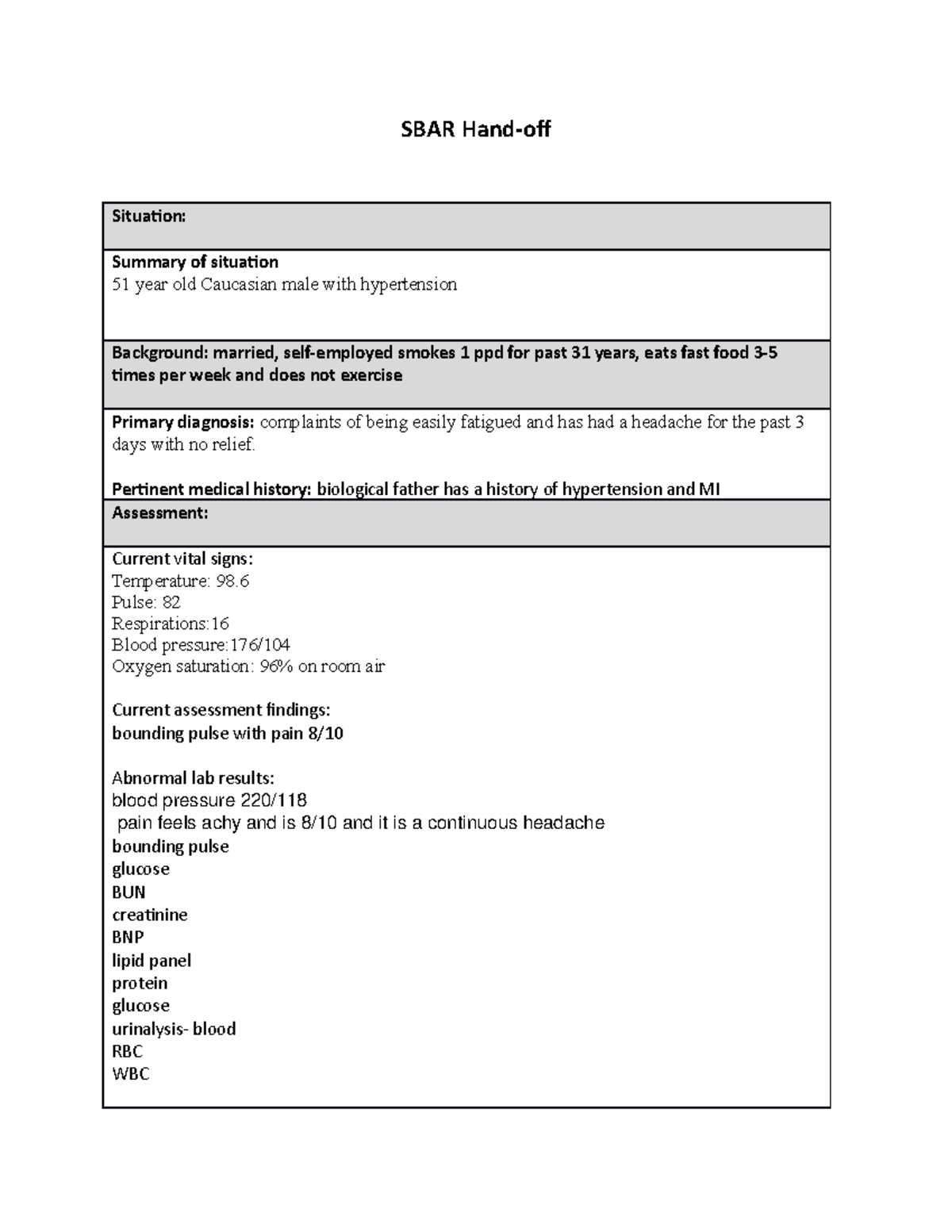SBAR Hand off for Mike Kelly - SBAR Hand-off Situation: Summary of ...
