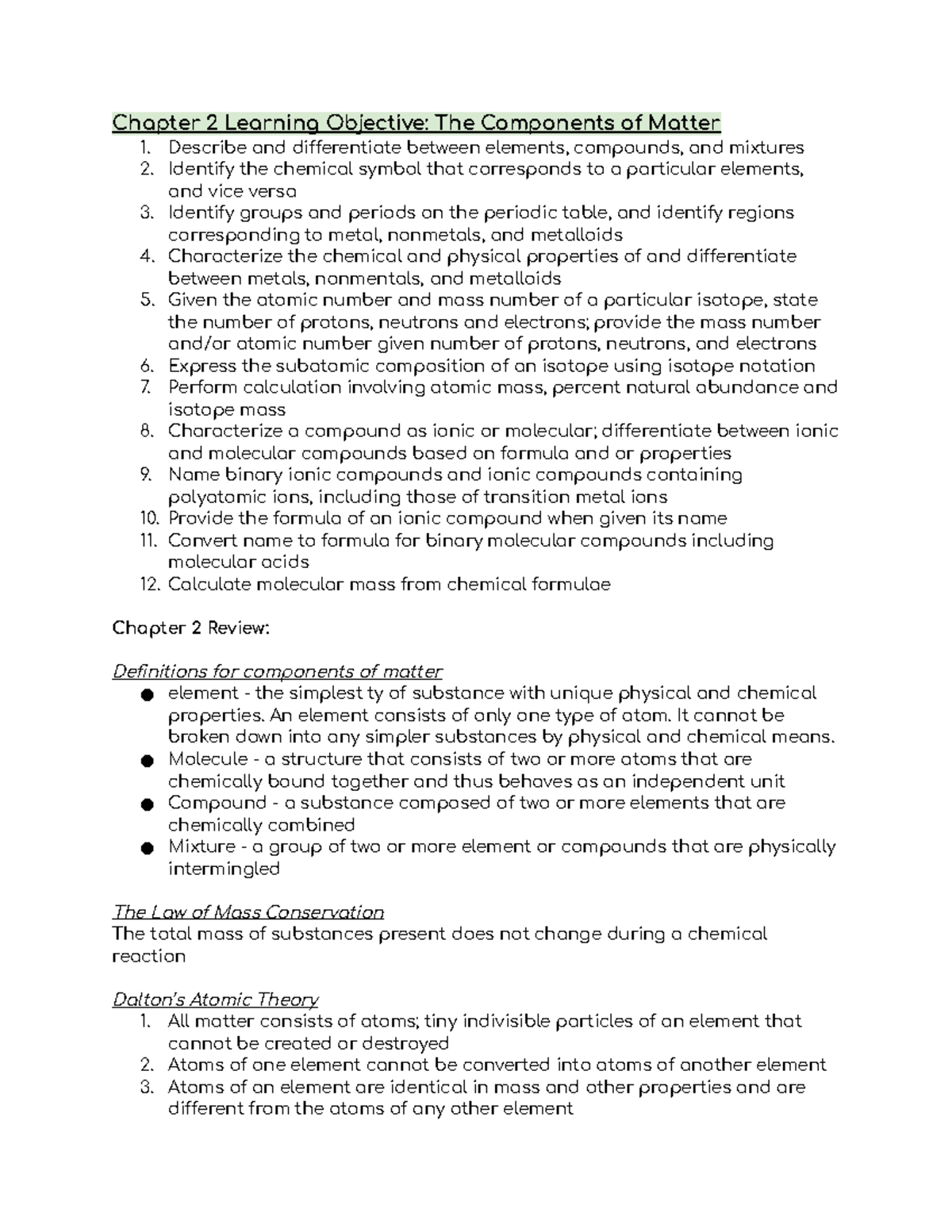 Chapter 2 Learning Objective The Components of Matter - An element ...