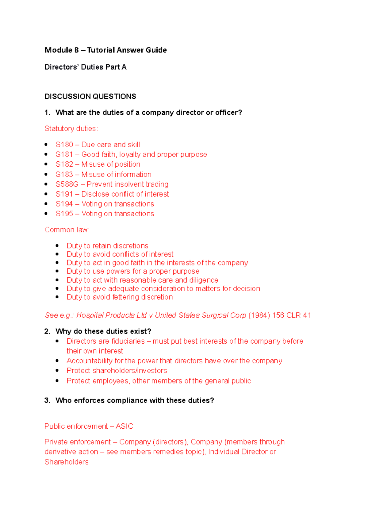 Module 8- Company Law - Tutorial Answer Guide - Module 8 – Tutorial ...