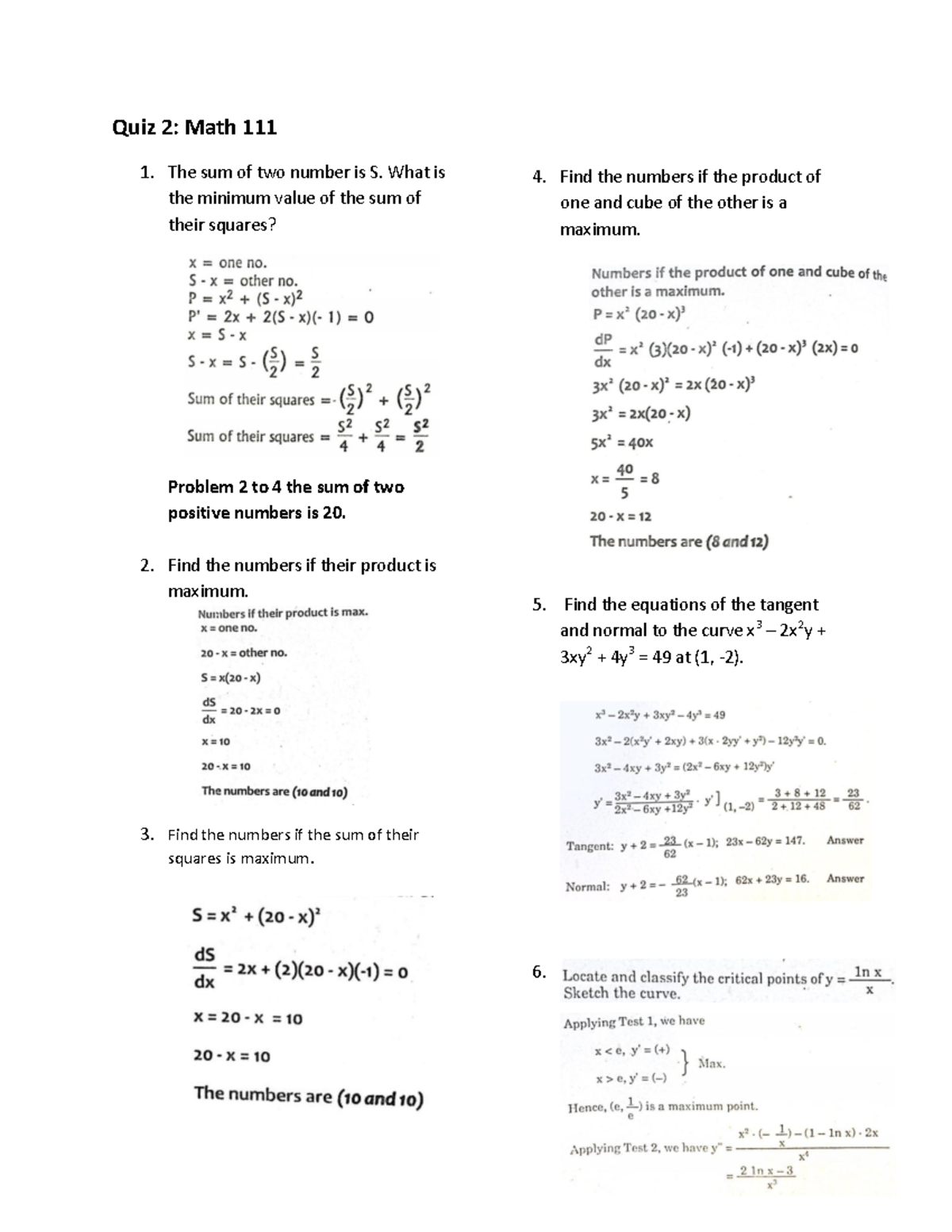 Calculus Quiz 2 Solution - Quiz 2: Math 111 The sum of two number is S ...