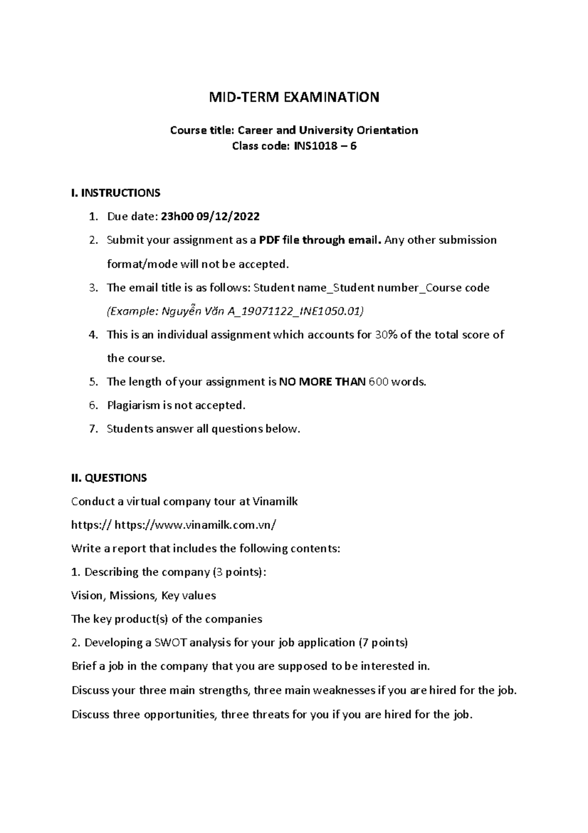 2022-2023 Sem1. Mid-term exam - MID-TERM EXAMINATION Course title ...