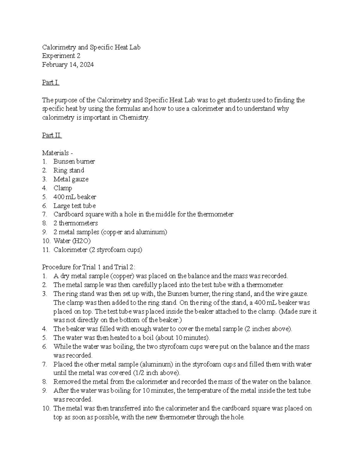 Lab Report 2 pdf - Calorimetry and Specific Heat Lab Experiment 2 ...