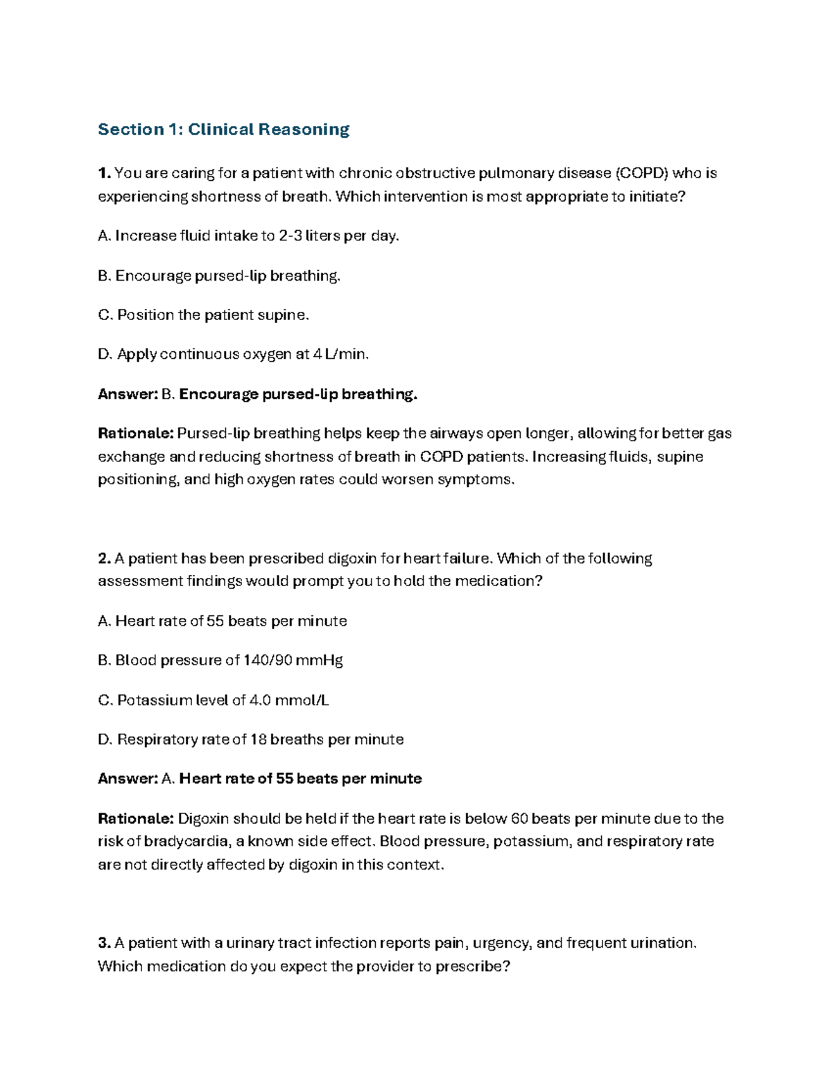 State Practice Quiz 1 - Section 1: Clinical Reasoning You are caring ...