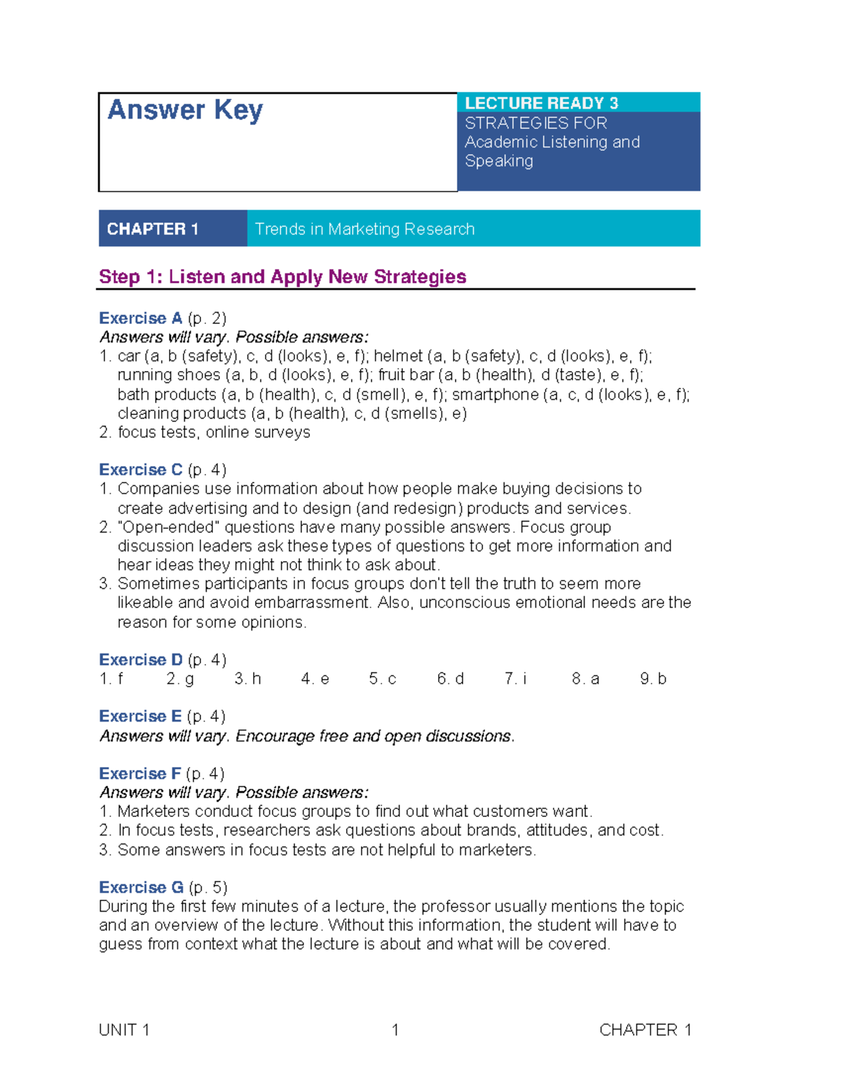 Lecture Ready 3 Answer Key - Answer Key LECTURE READY 3 STRATEGIES FOR Academic Listening and ...