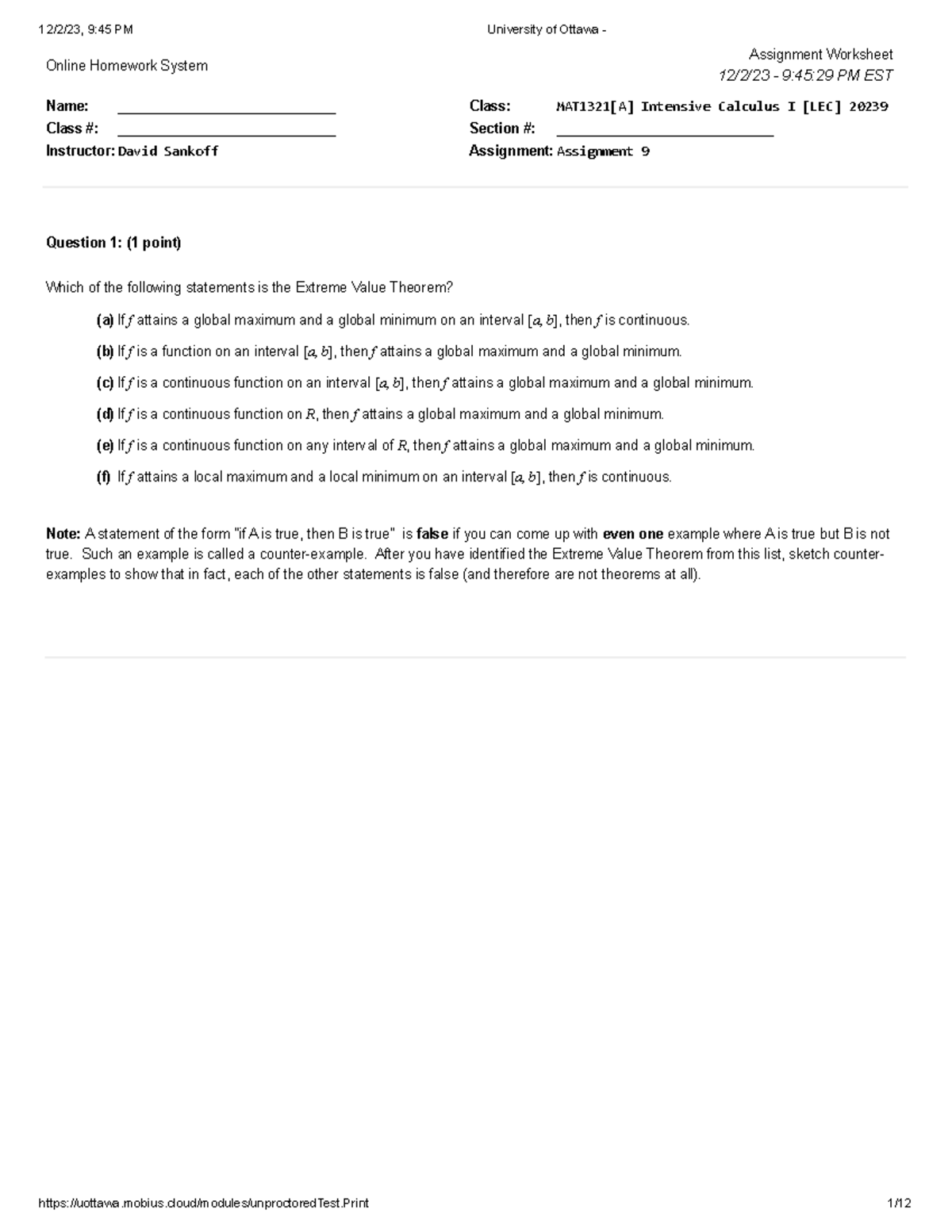 Mobius assignment 9 - Online Homework System Assignment Worksheet 12/2/23 - 9:45:29 PM EST Name ...