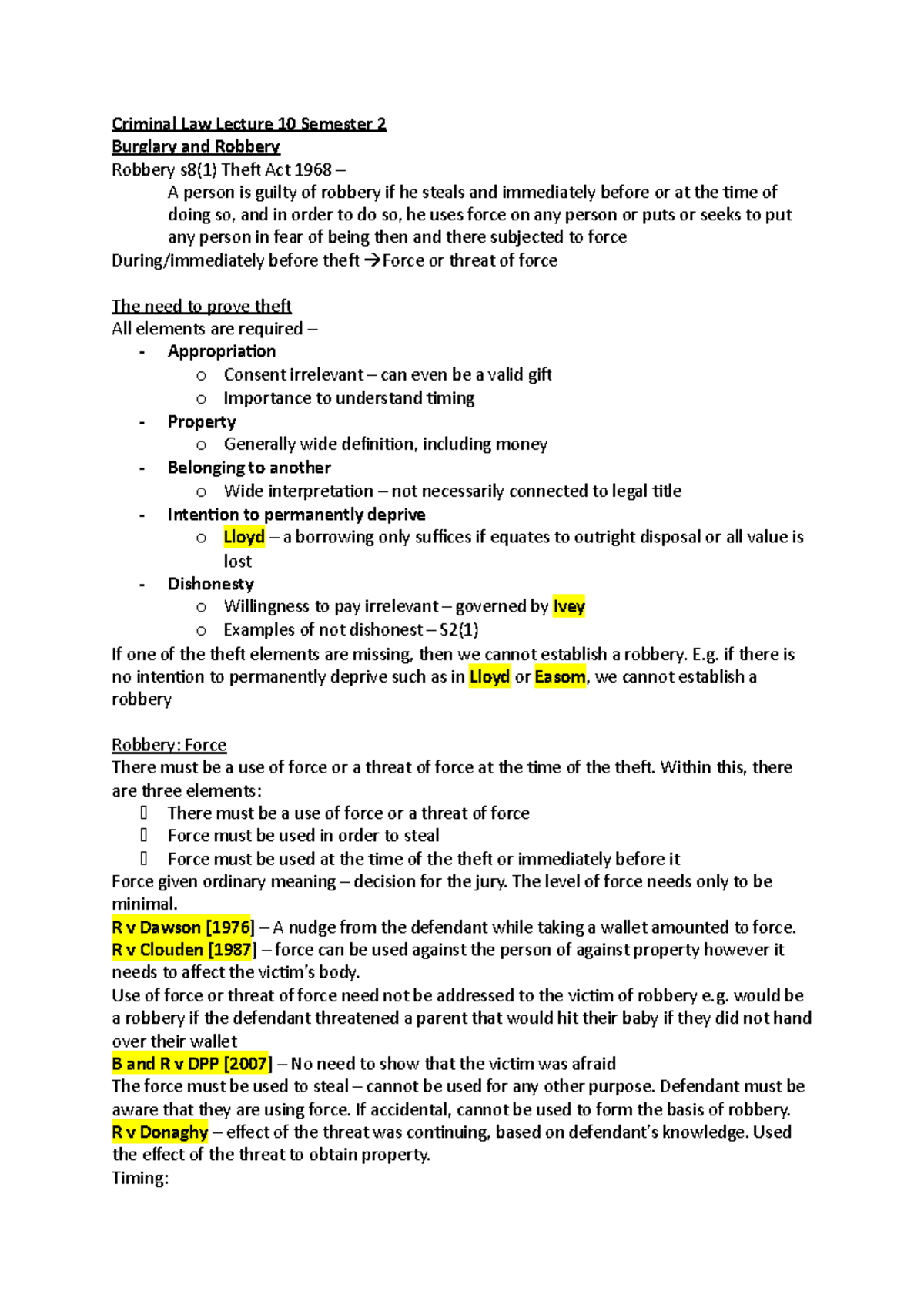 Criminal Law Lecture 10 Semester 2 Burglary and Robbery - Studocu