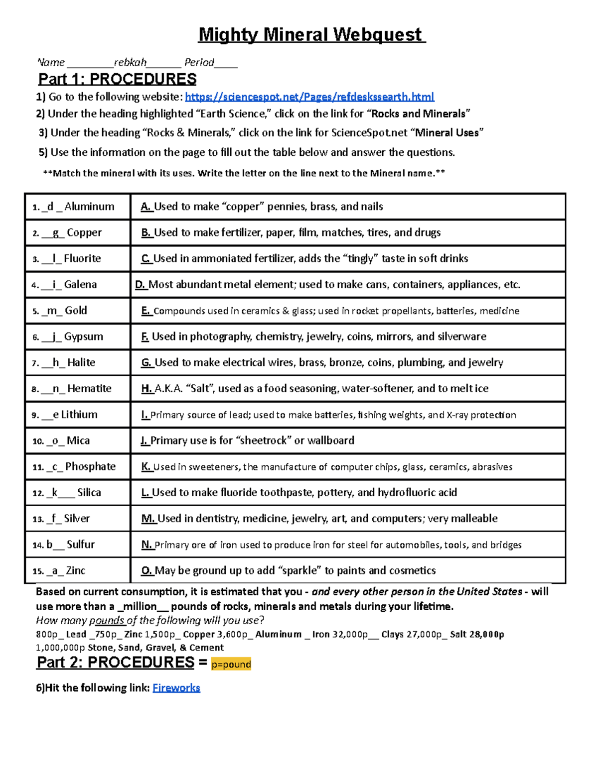 - Mighy Minerals Webquest - Mighty Mineral Webquest Name rebkah Part 1 ...