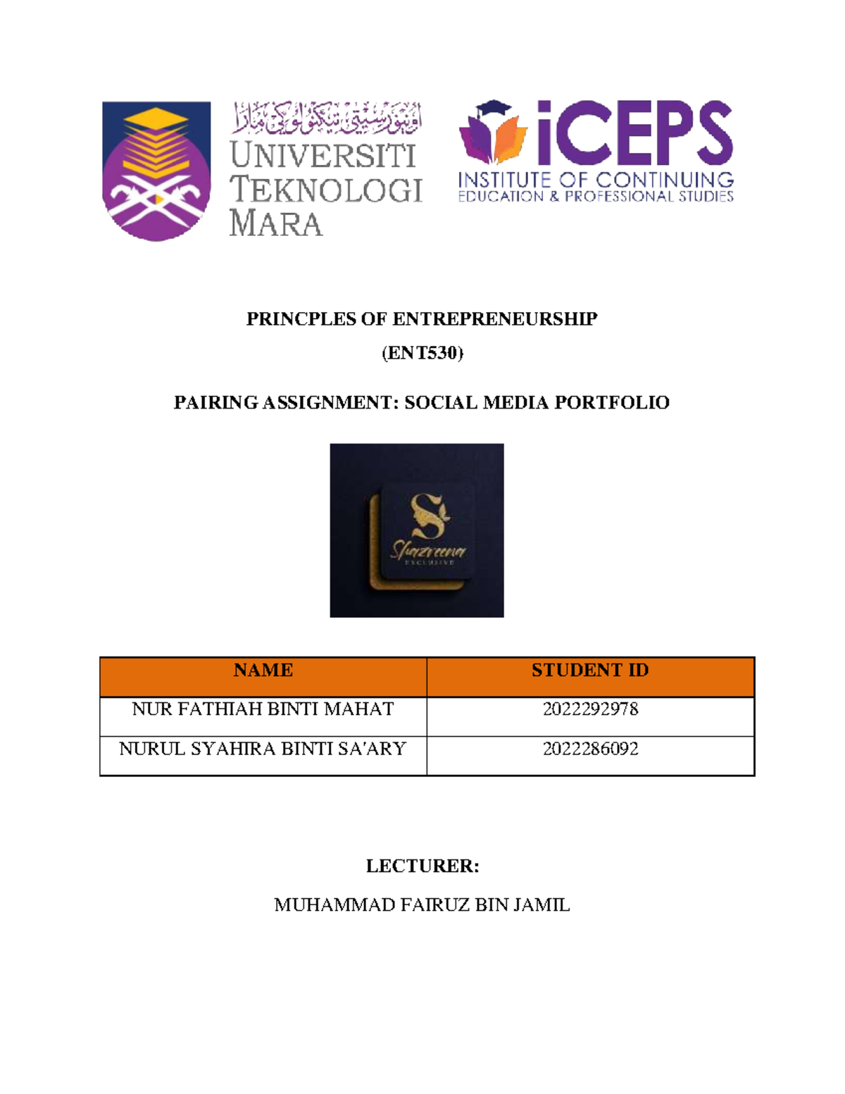 GROUP ASSIGNMENT ENT530 BUSINESS PLAN - PRINCPLES OF ENTREPRENEURSHIP ...