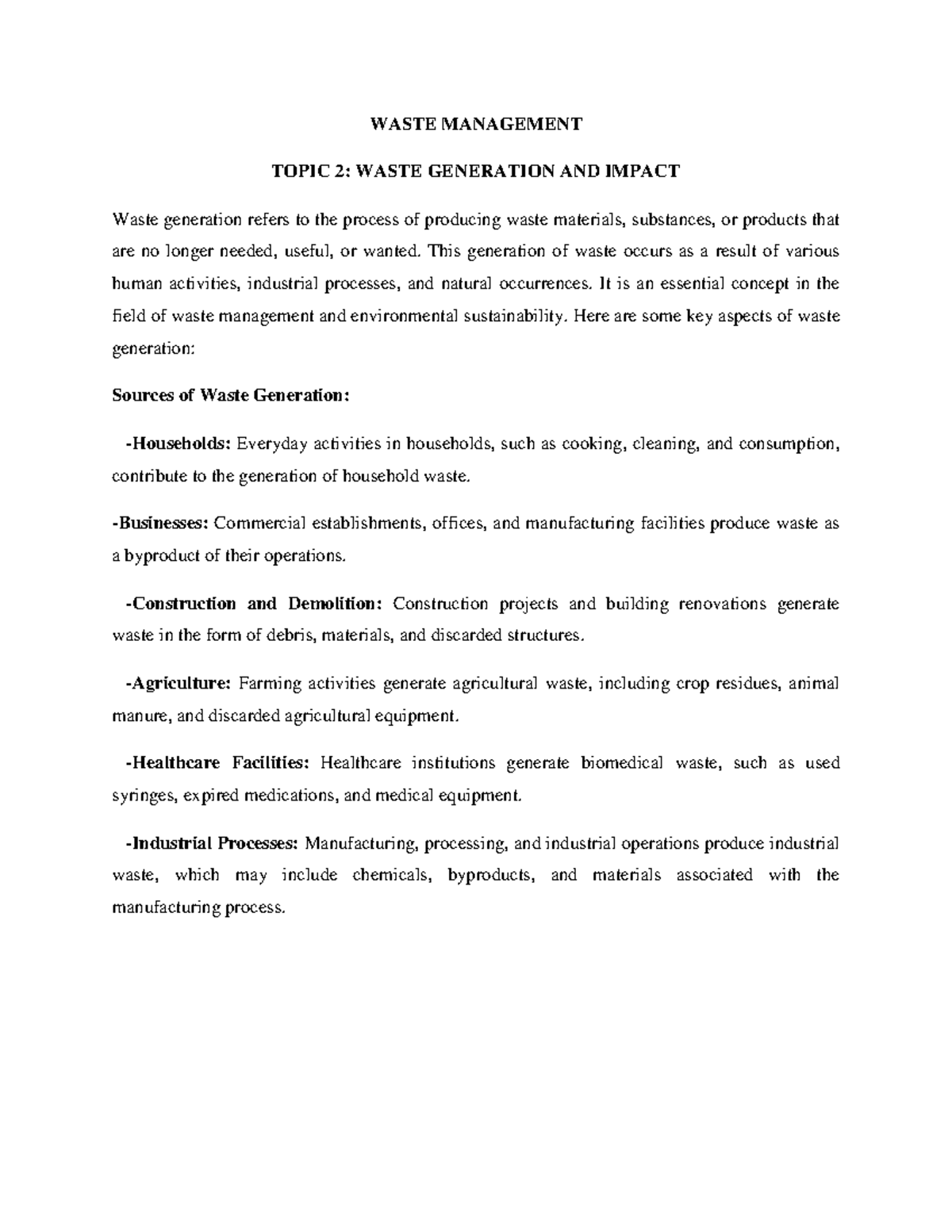 Waste Management notes 2 - WASTE MANAGEMENT TOPIC 2: WASTE GENERATION ...