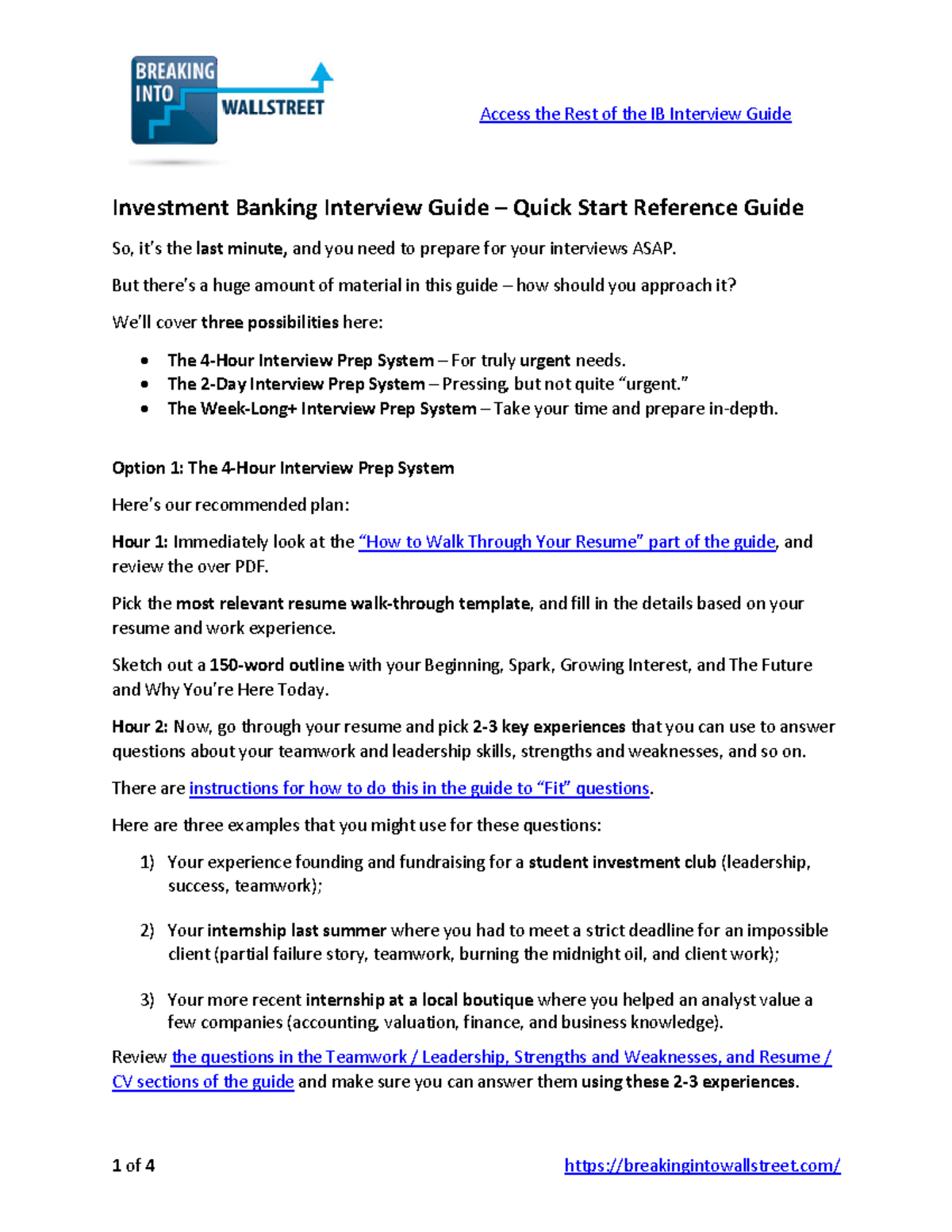 IBIG 01 01 Quick Start Guide - Investment Banking Interview Guide – Quick Start Reference Guide ...
