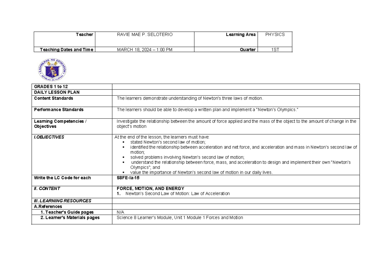 TO Print Lesson PLAN - Momentum is a physical quantity that describes ...