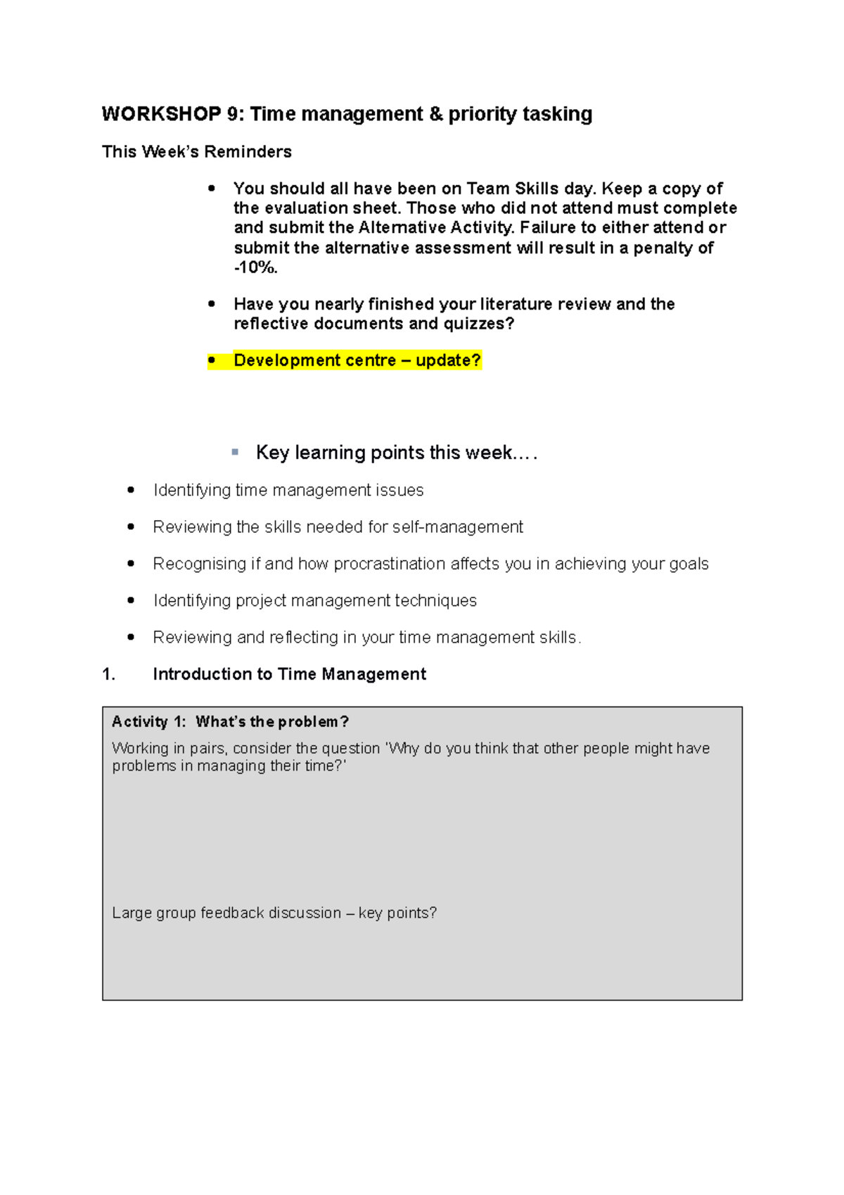 Workshop 9 Time Management & Priority Tasking - WORKSHOP 9: Time ...