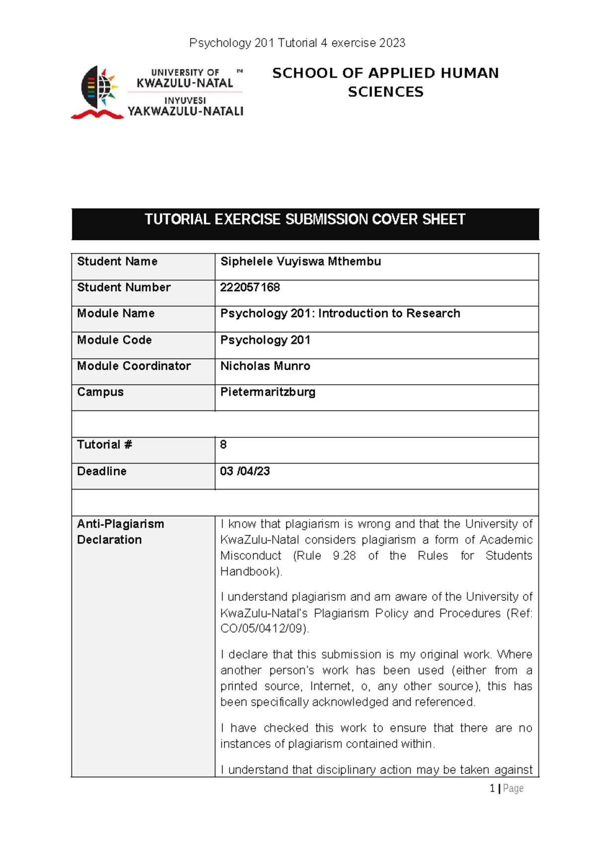 Psych assignment tut 4 - SCHOOL OF APPLIED HUMAN SCIENCES TUTORIAL ...
