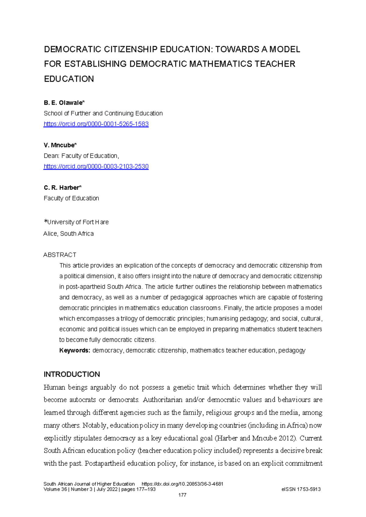 Olawale et al 2022 democratic citizenship education towards a model for establishing democratic ...